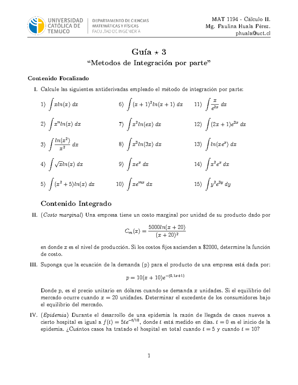G3 - Integración por parte - MAT 1194 - C ́alculo II. Mg. Paulina Huala ...
