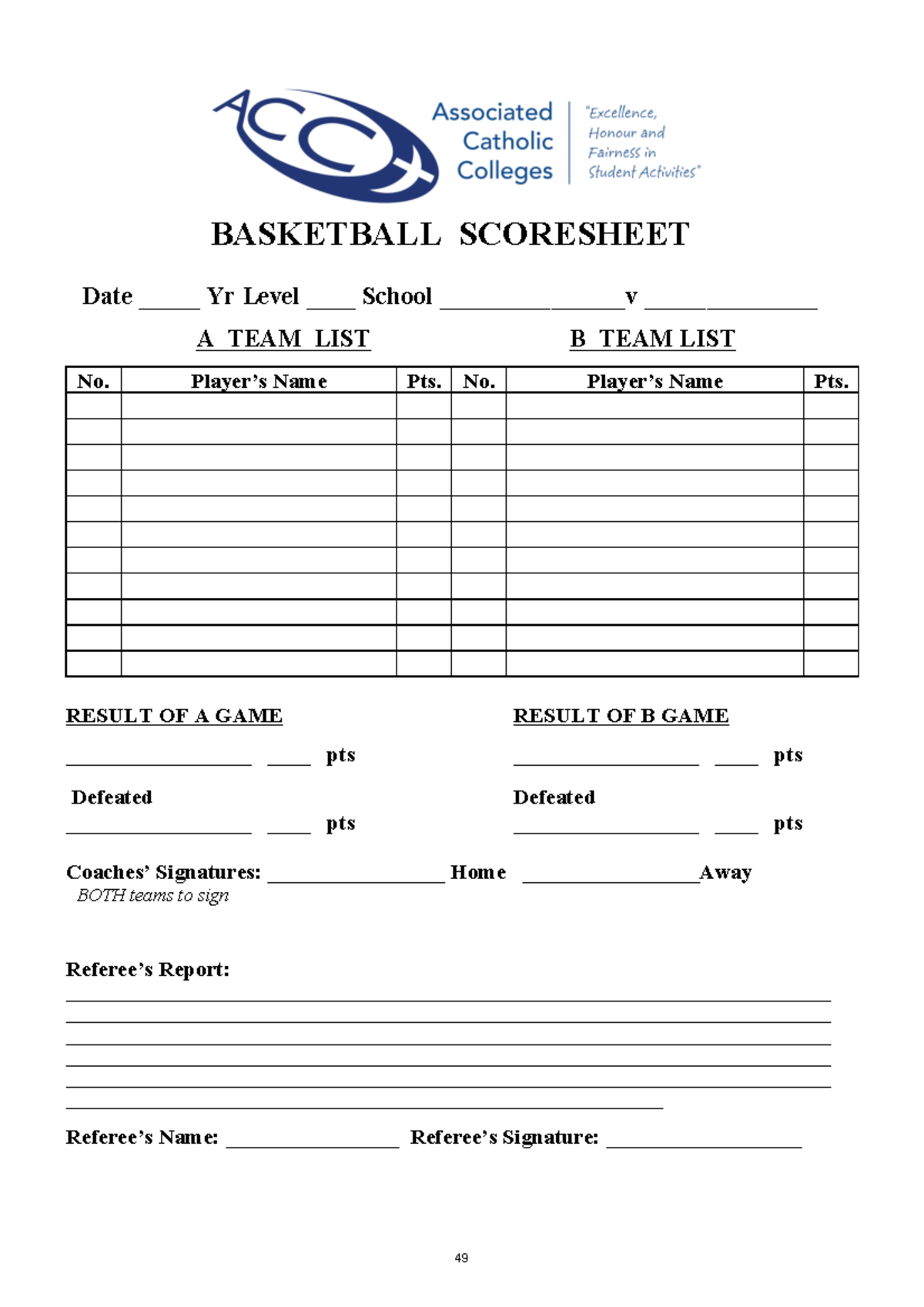Basketball - Notes - BASKETBALL SCORESHEET Date _____ Yr Level ...