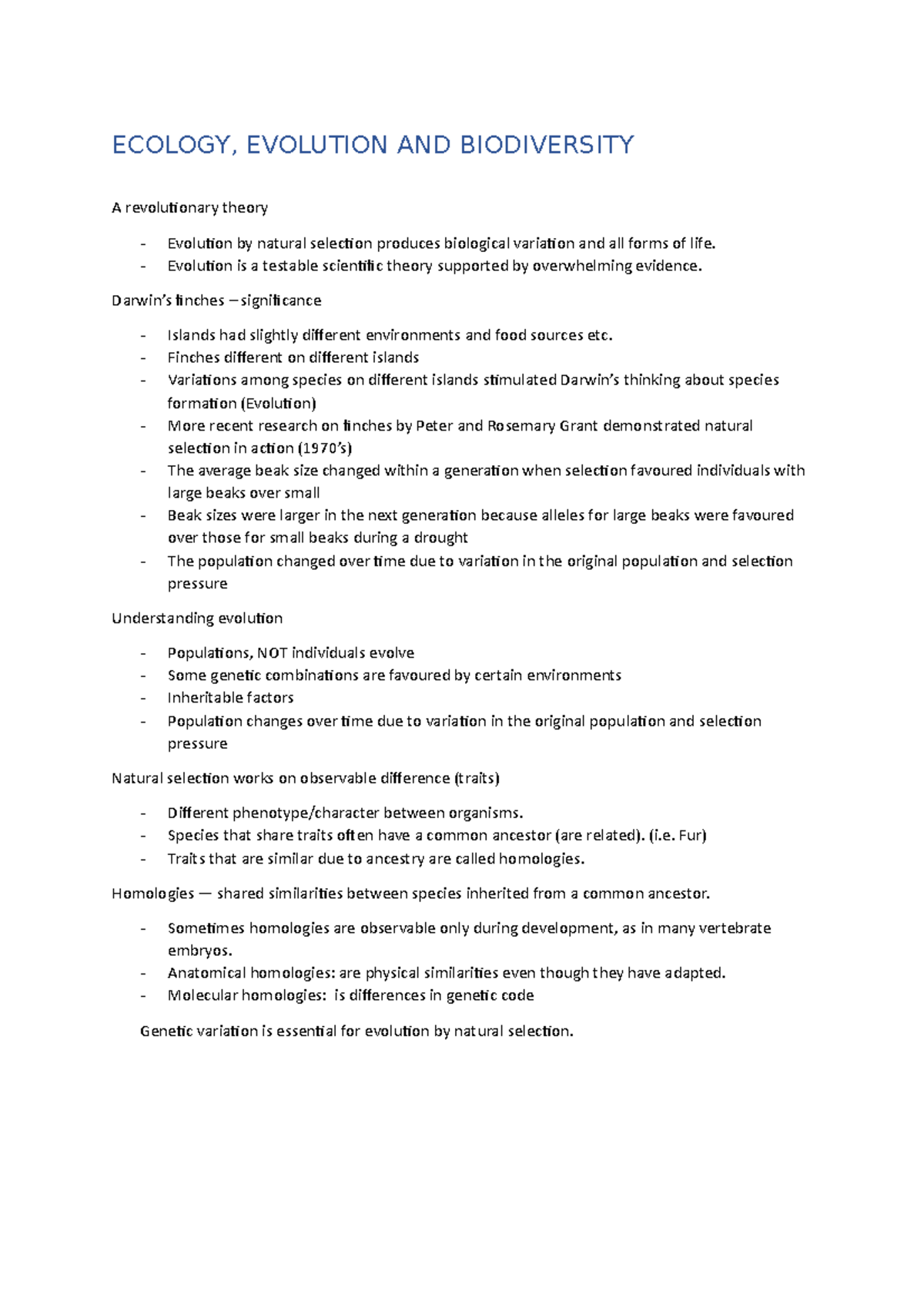 BIO1EEB course notes - ECOLOGY, EVOLUTION AND BIODIVERSITY A ...