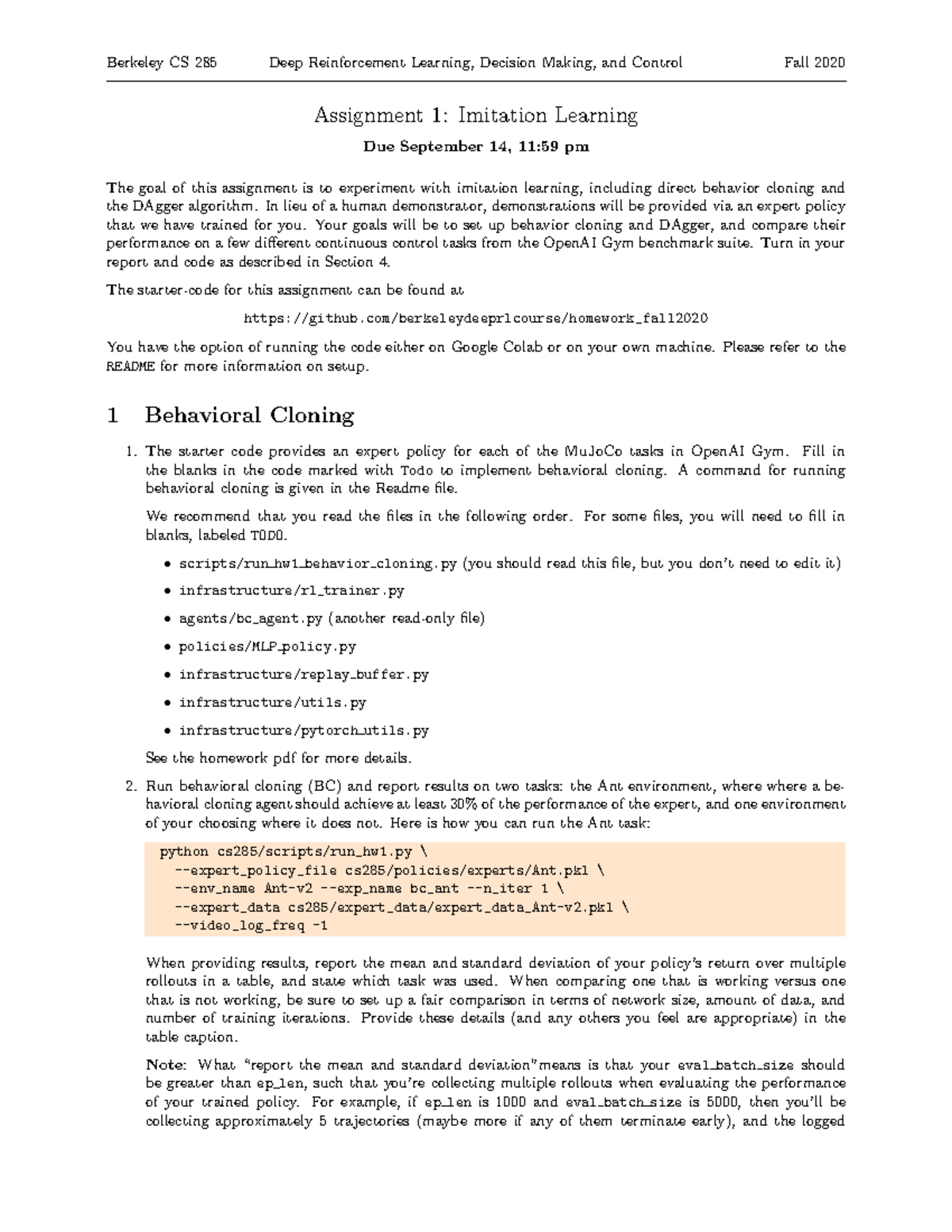 Hw1 - Berkeley CS 285 Deep Reinforcement Learning, Decision Making, and Control Fall 2020 ...