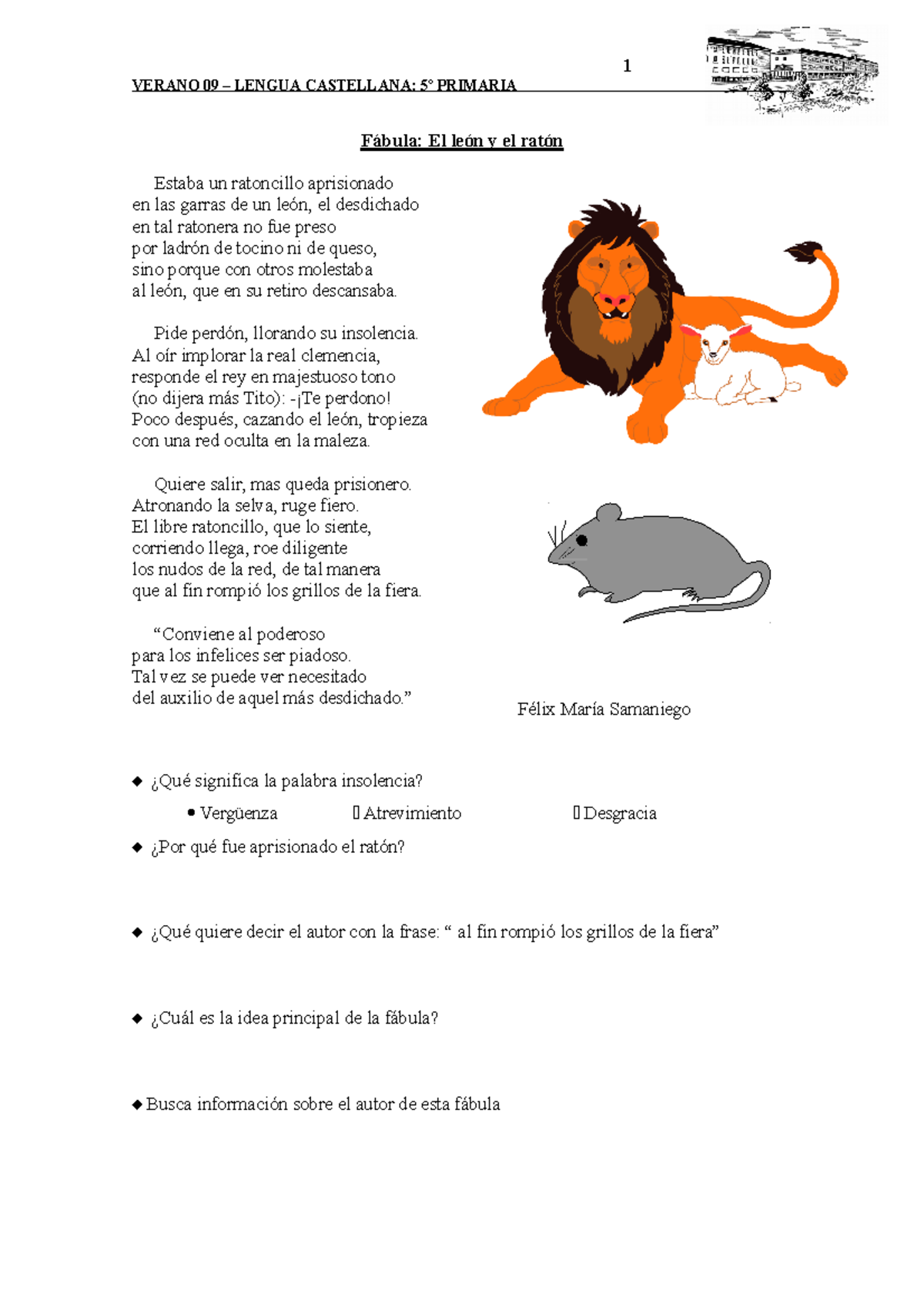 Fortalecimiento de Lecturas Y Actividades - Fábula: El león y el ratón ...