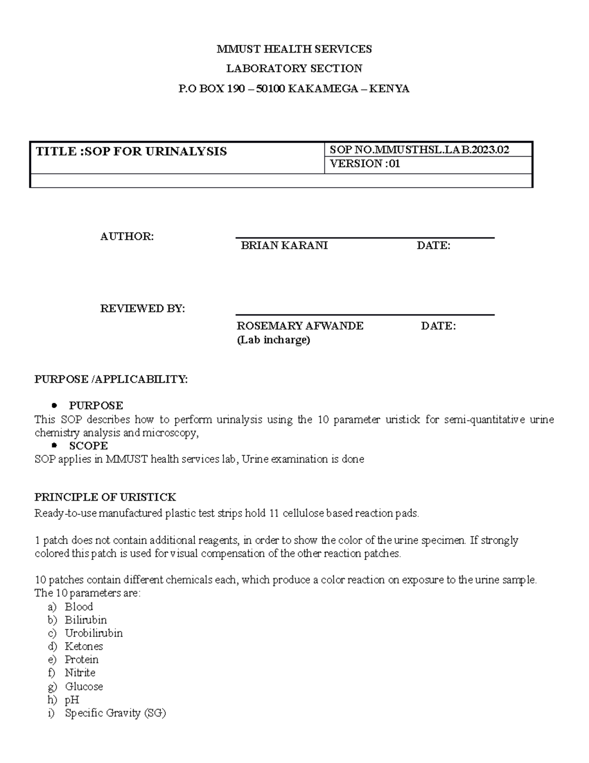 SOP NO. Mmusthsl.LAB.2023.02. Urinalysis - MMUST HEALTH SERVICES ...