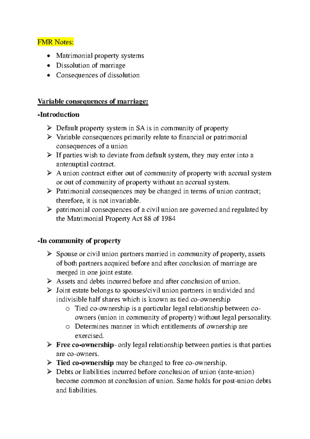FMR Note/summary - FMR Notes: - Matrimonial property systems ...