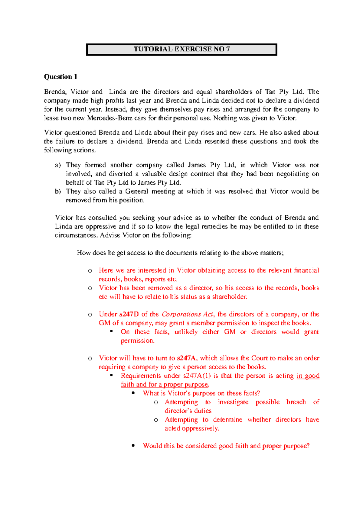 Week 8 Tutorial 7 tutorial answers - LAWS2301 - UWA - Studocu