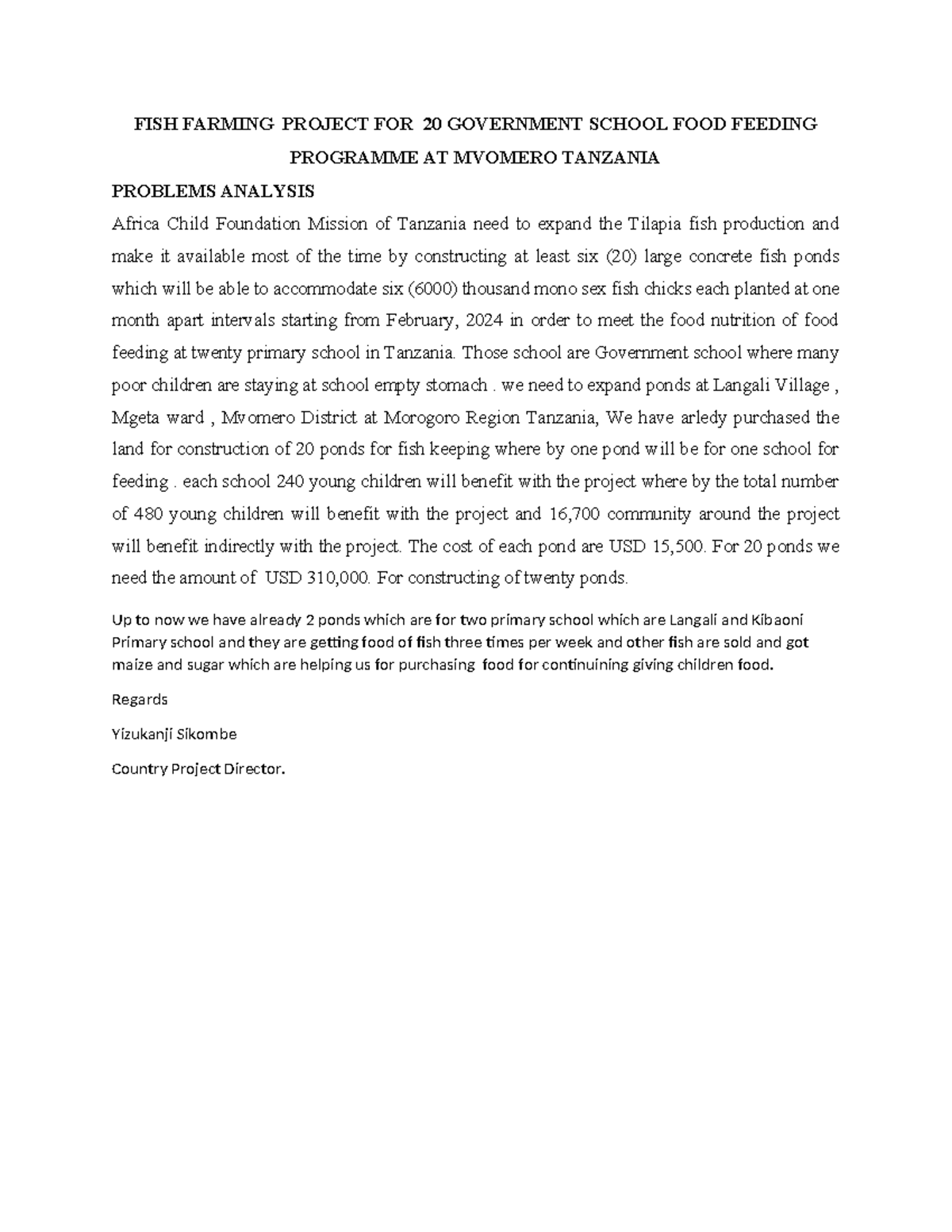 Fish farming proposal - FISH FARMING PROJECT FOR 20 GOVERNMENT SCHOOL ...