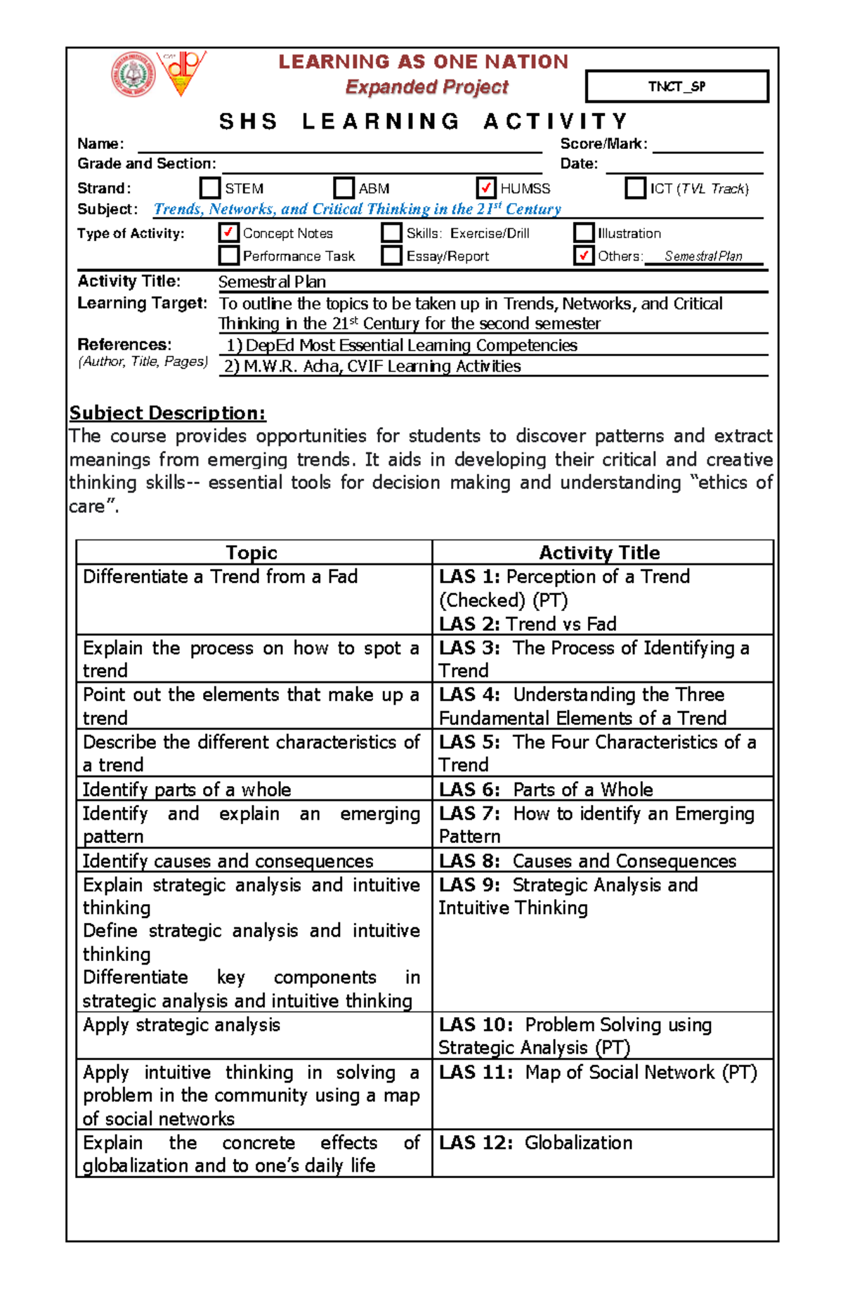 TNCT LAS 0 Semestral Plan - ... LEARNING AS ONE NATION Expanded Project ...