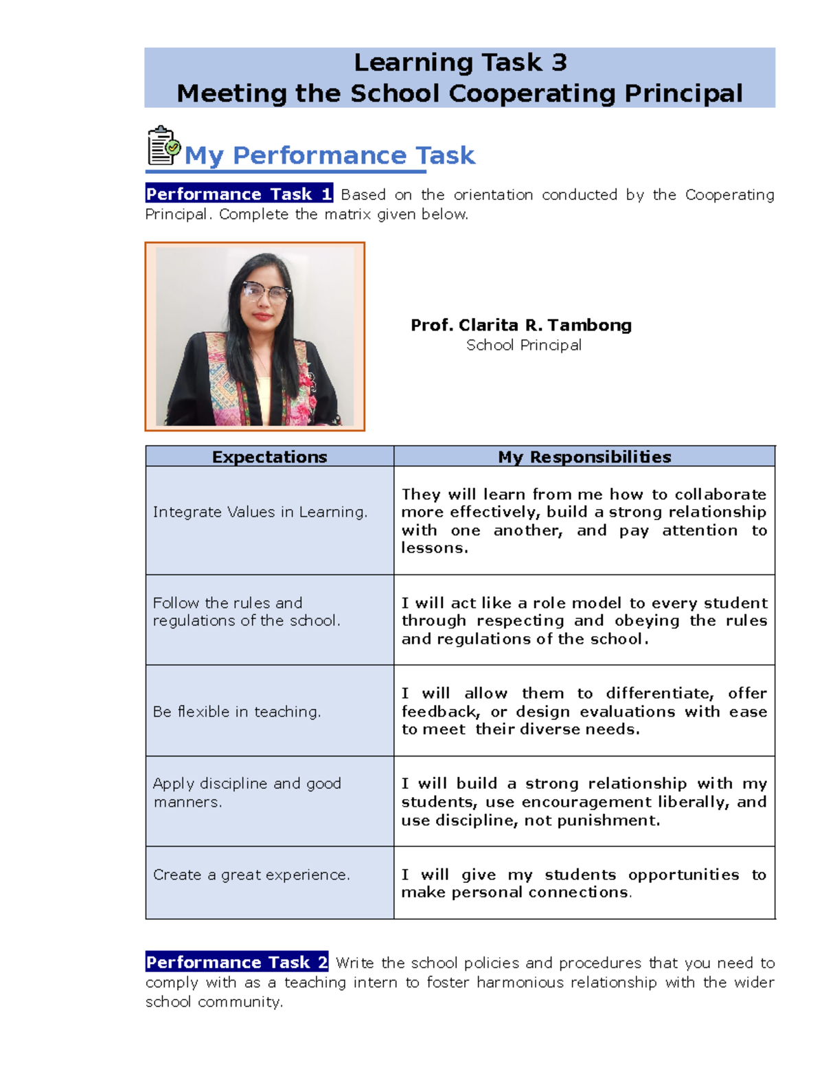 Learning task 3 - Learning Task 3 Meeting the School Cooperating Principal My Performance Task ...