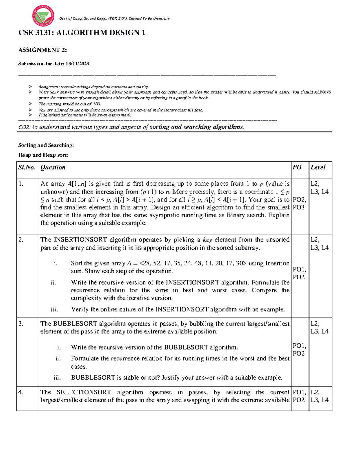 Assignment 2 Cse 3131 Dept Of Comp Sc And Engg Iter Soa Deemed To Be University Cse