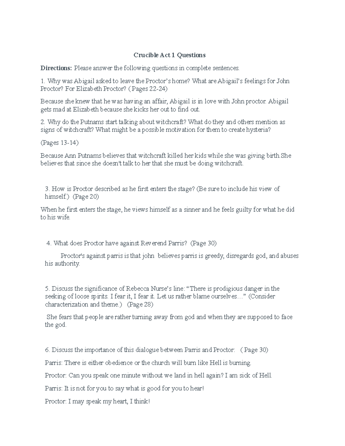 Crucible Act 1 Question - Crucible Act 1 Questions Directions: Please ...