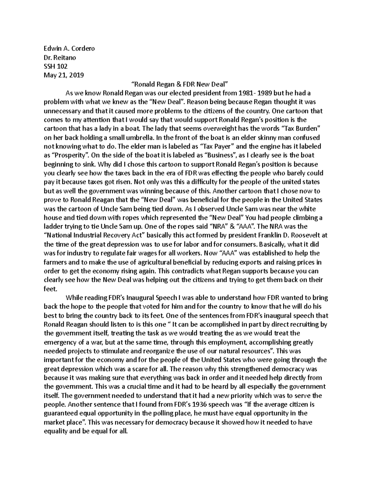 Ronald Regan FDR - Grade: B - Edwin A. Cordero Dr. Reitano SSH 102 May ...