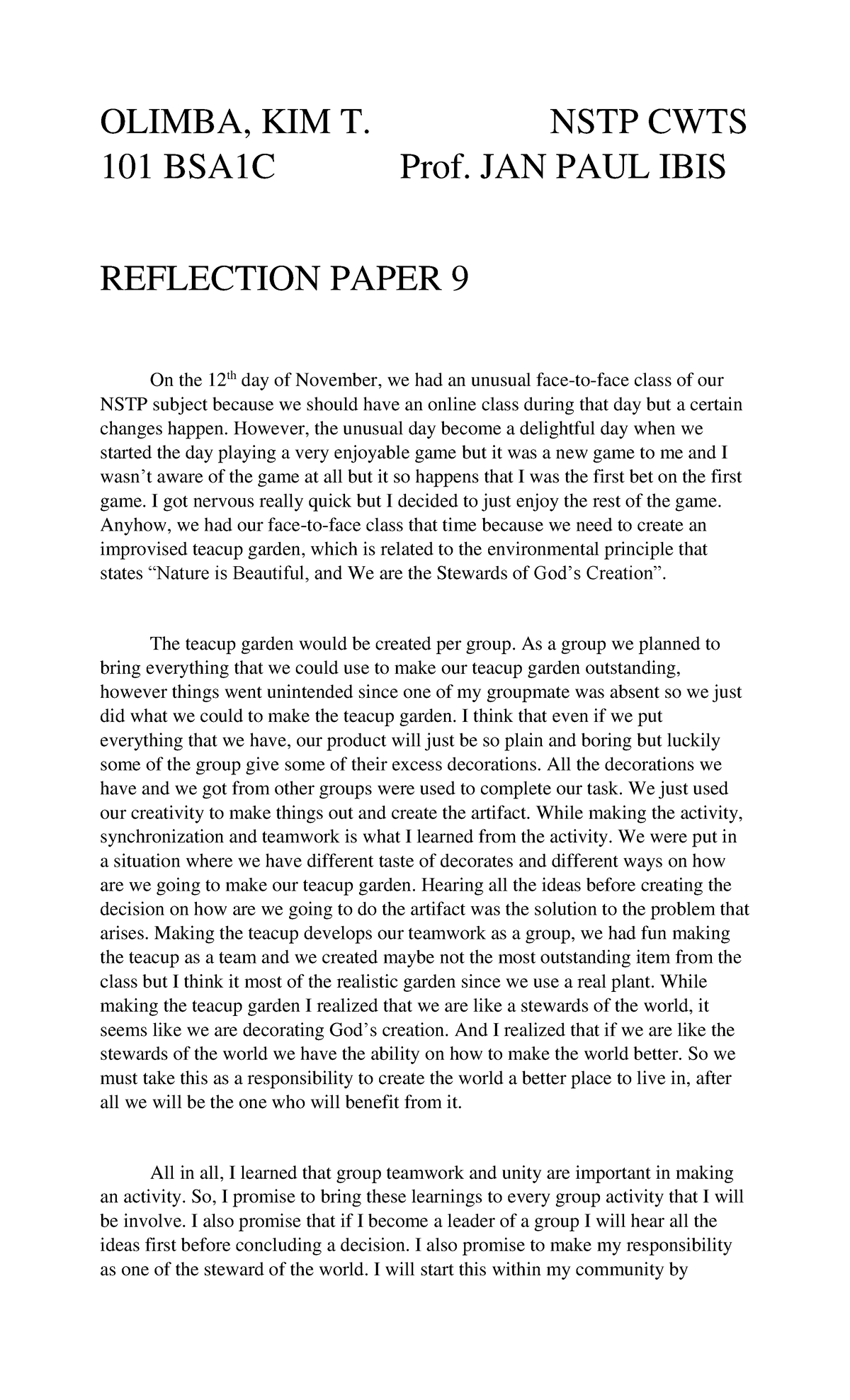 Olimba, kim t. reflection paper 9 - OLIMBA, KIM T. NSTP CWTS 101 BSA1C ...
