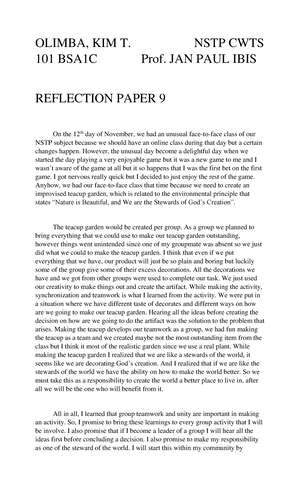 Olimba, KIM T. NSTP FS Reflection Paper 7 - OLIMBA, KIM T. NSTP CWTS ...