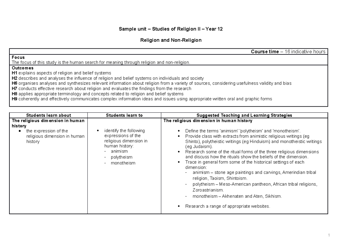 Studies of religion ii year 12 sample unit religion and non religion ...