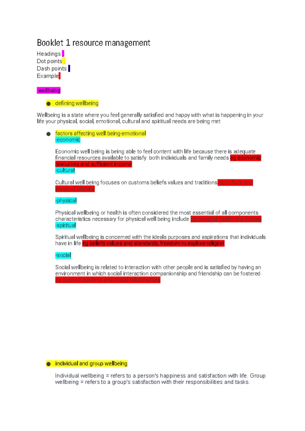Cafs study notes book 1 - Booklet 1 resource management Headings. Dot ...