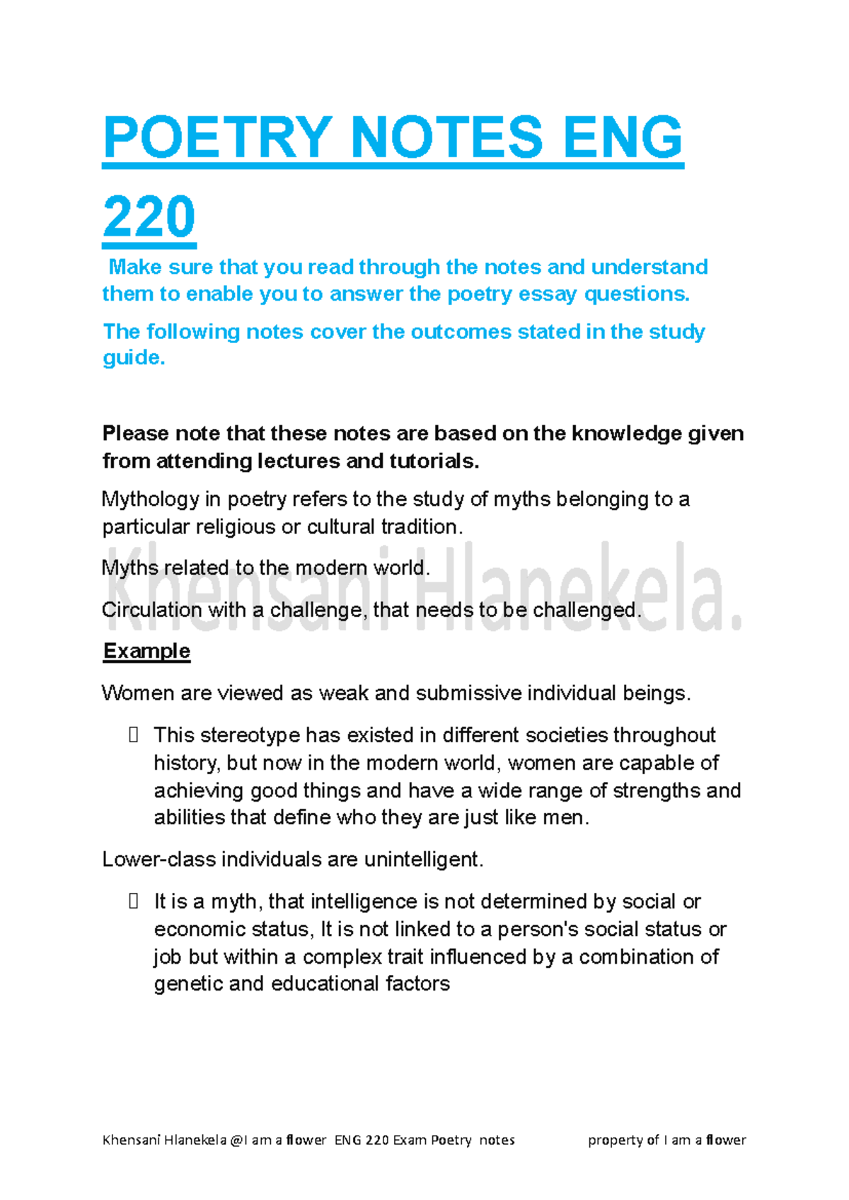 ENG 220 Poetry EXAM Notes - POETRY NOTES ENG 220 Make sure that you ...