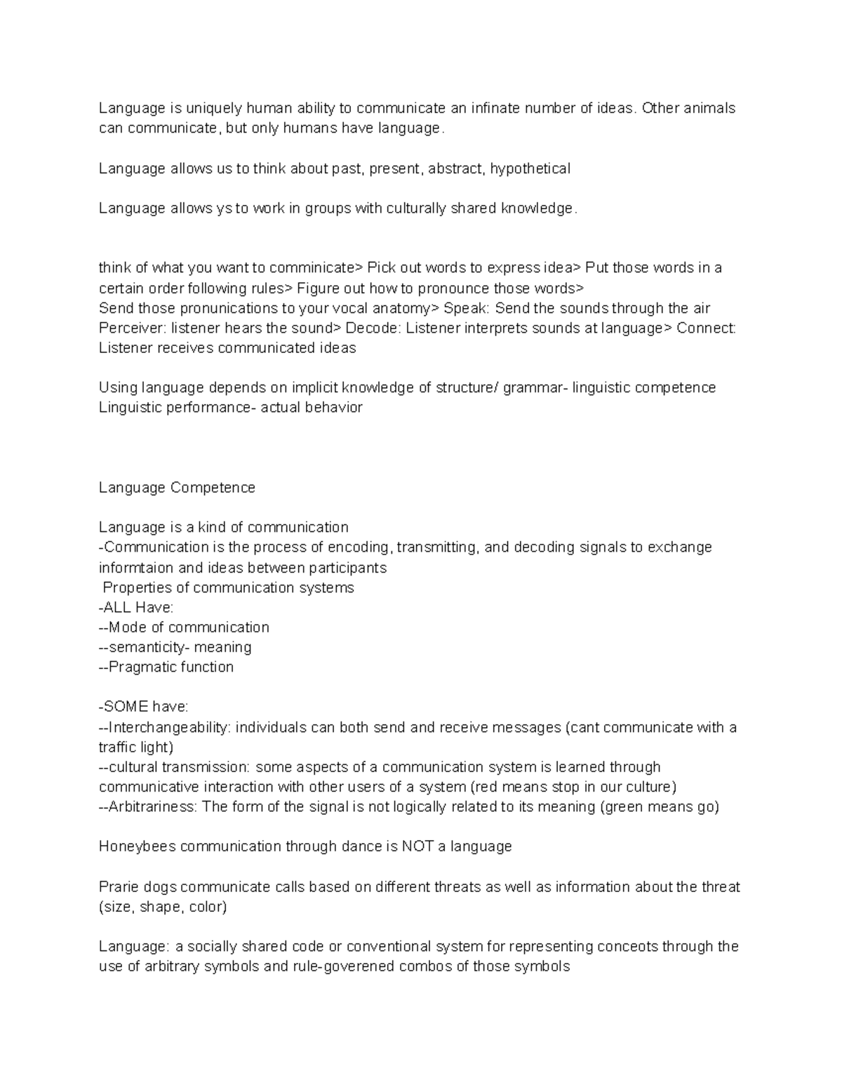 Human Language Notes - Language is uniquely human ability to ...