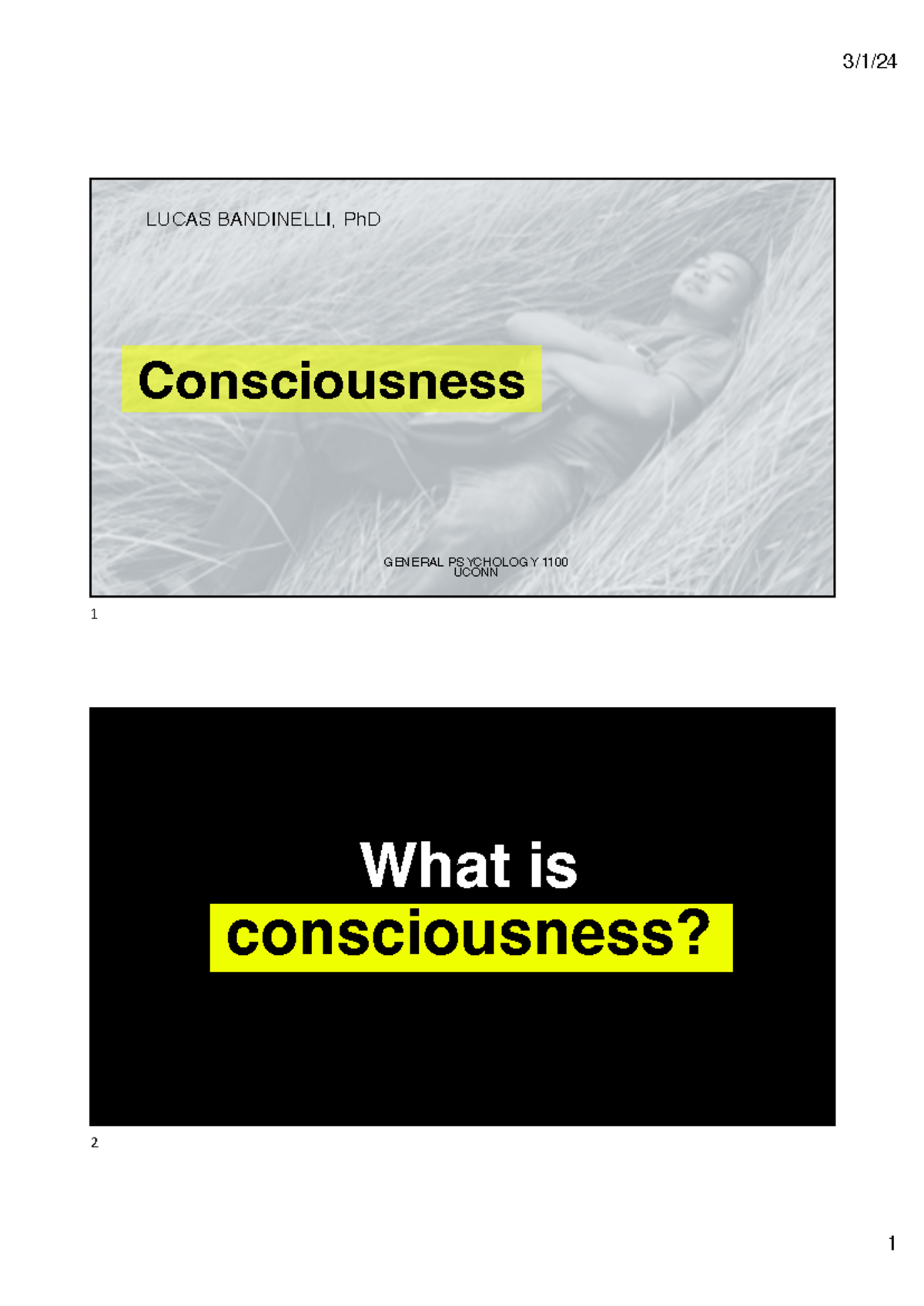 Slides - Consciousness - Consciousness LUCAS BANDINELLI, PhD GENERAL PSYCHOLOGY 1100 UCONN 1 ...