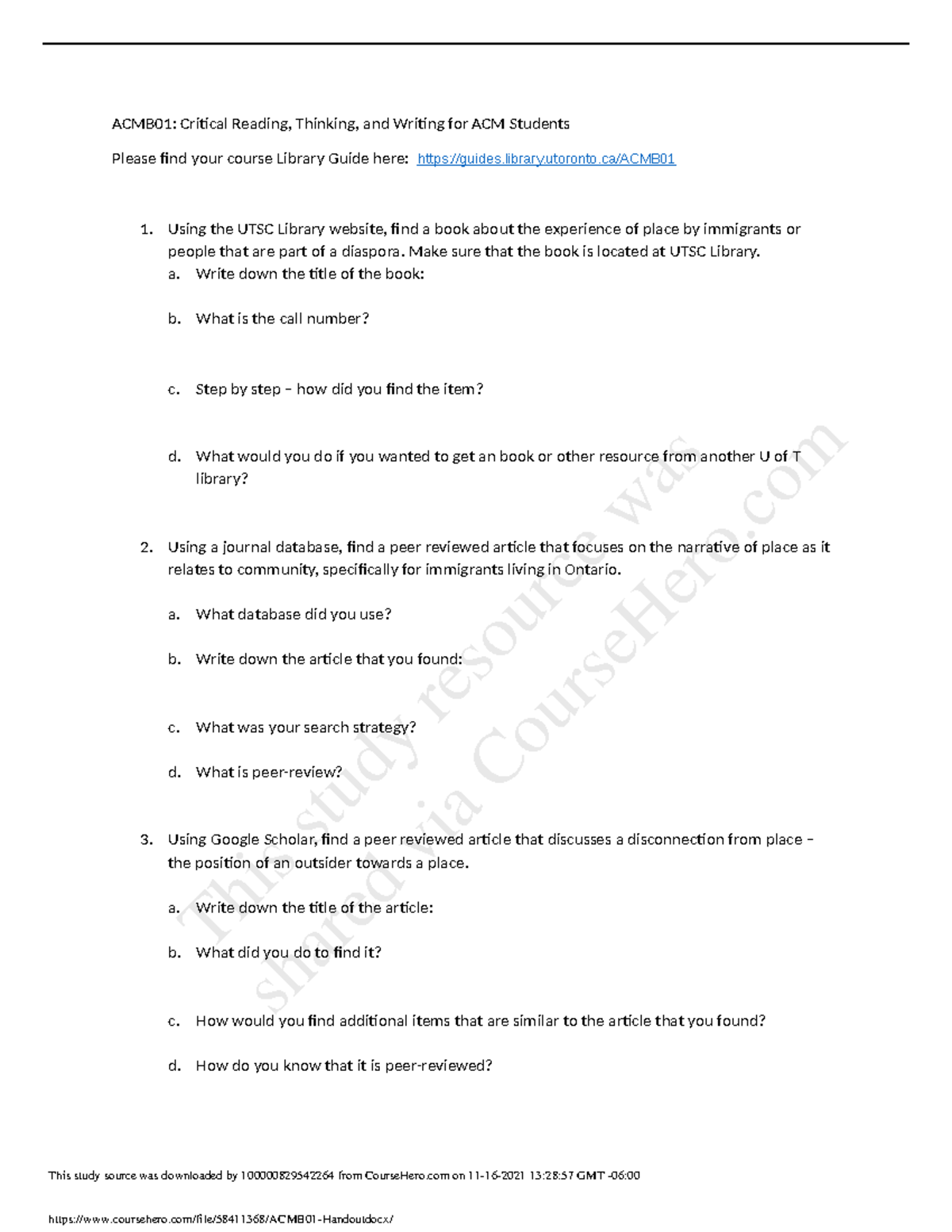 ACMB01 Handout - 11111 - ACMB01 - U of T - Studocu