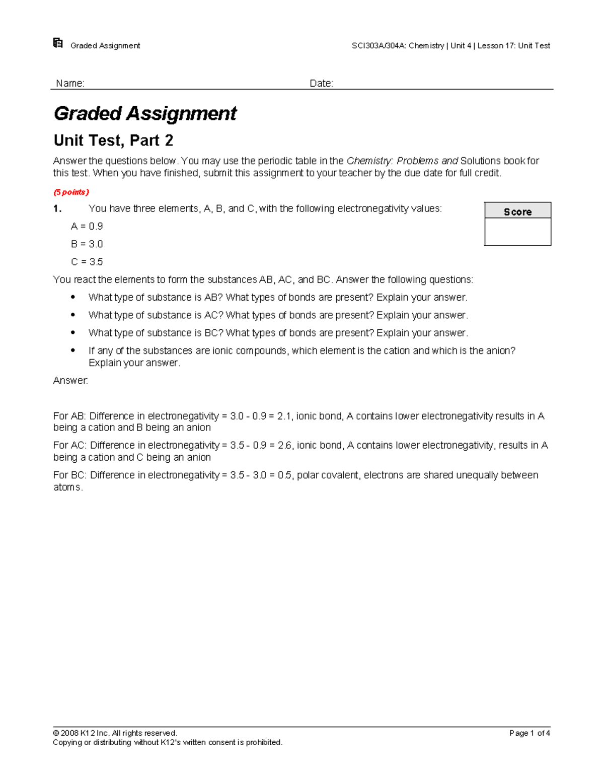Xhapter 4 final test - chemistry semester 2 - Name: Date: Graded ...