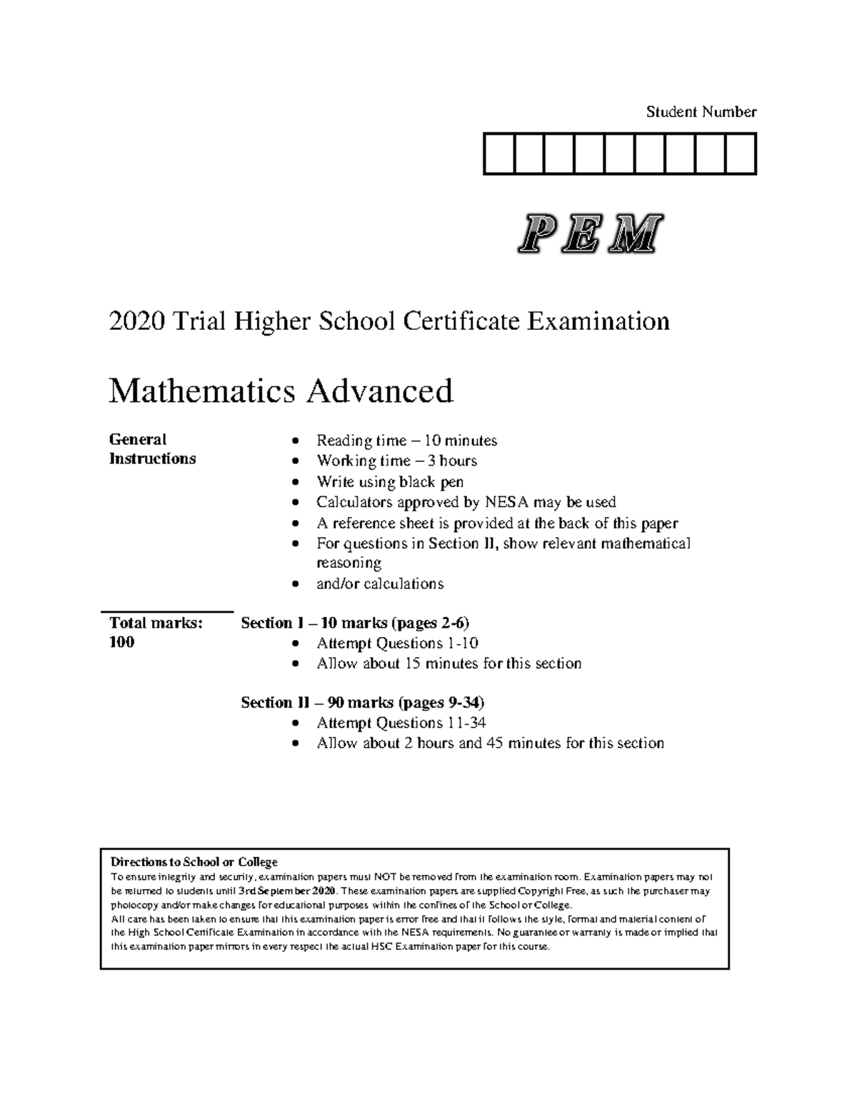 04 PEM 2020 Mathematics Advanced Trial HSC Exam paper - Student Number ...