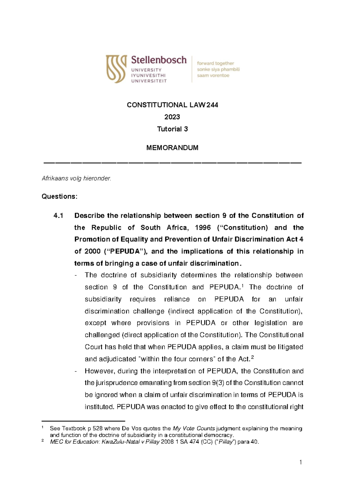 Con Law 244 Tutorial 3 MEMO Final - CONSTITUTIONAL LAW 244 2023 Tutorial 3 MEMORANDUM - Studocu
