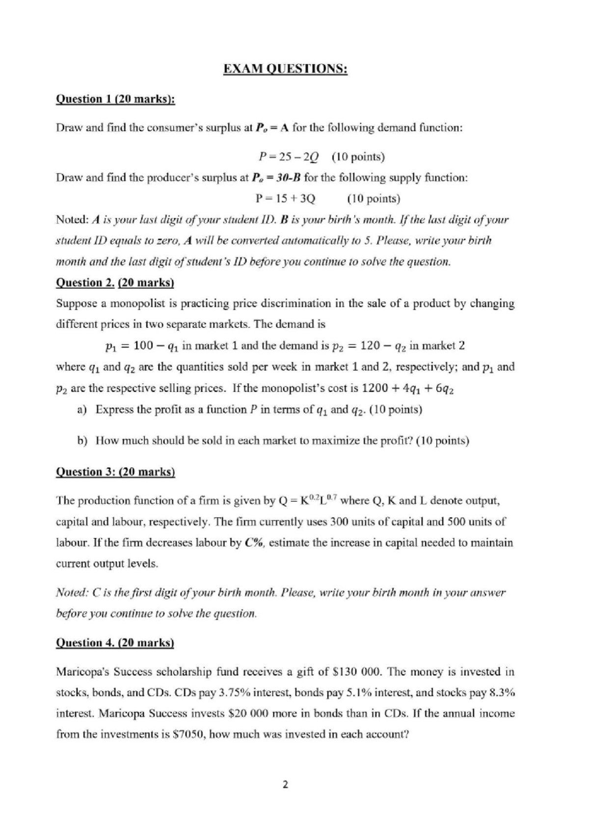 final essay 2021 math for business exam - EXAM QUESTIONS: Question 1 (20 marks): Draw and find ...
