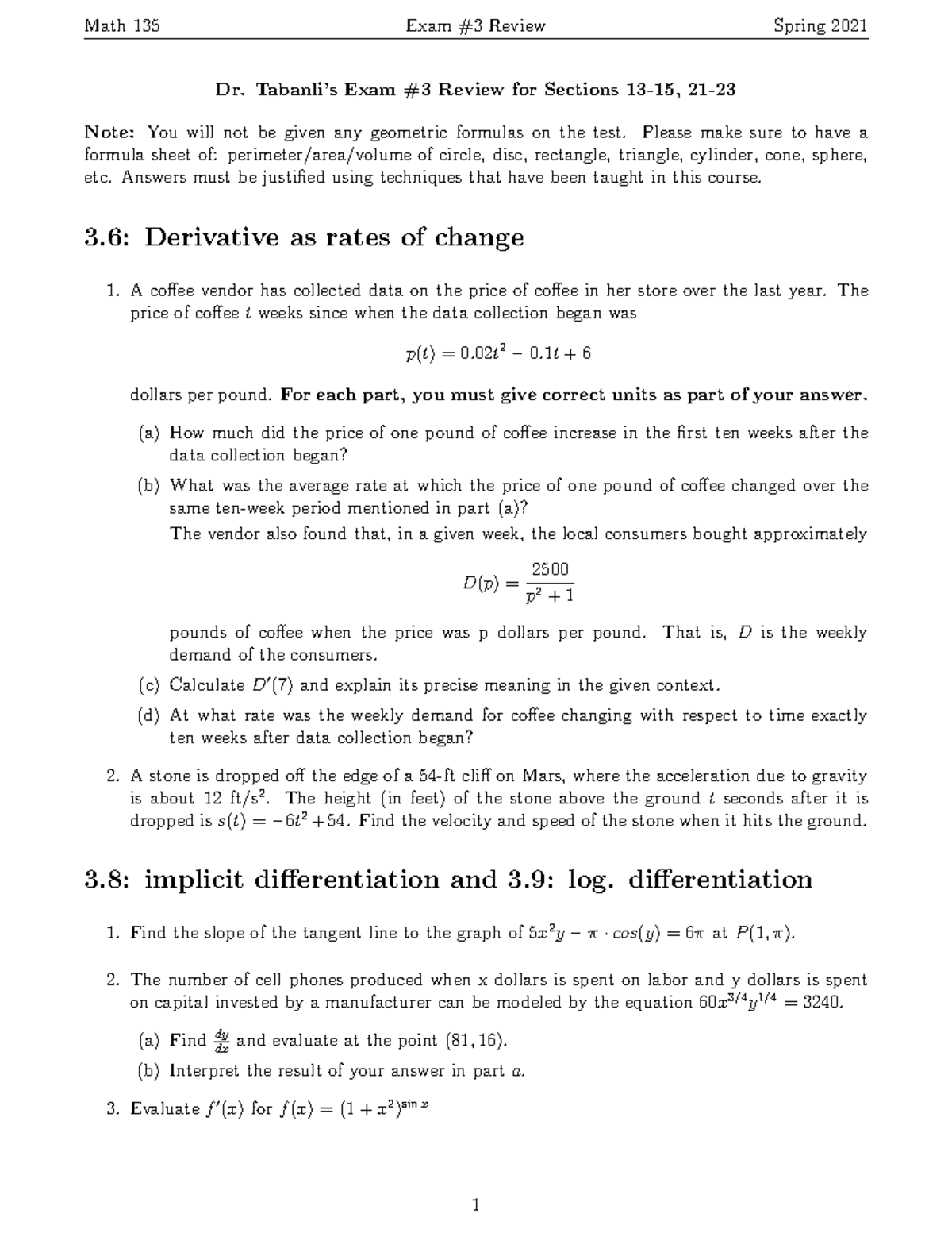Math 135 Midterm 3 Review Prb - Math 135 Exam #3 Review Spring 2021 Dr ...