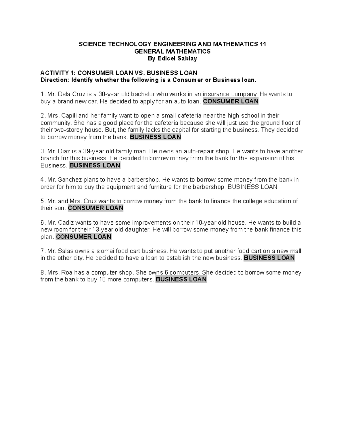 General Mathematics- Consumer LOAN VS. Business LOAN - SCIENCE ...