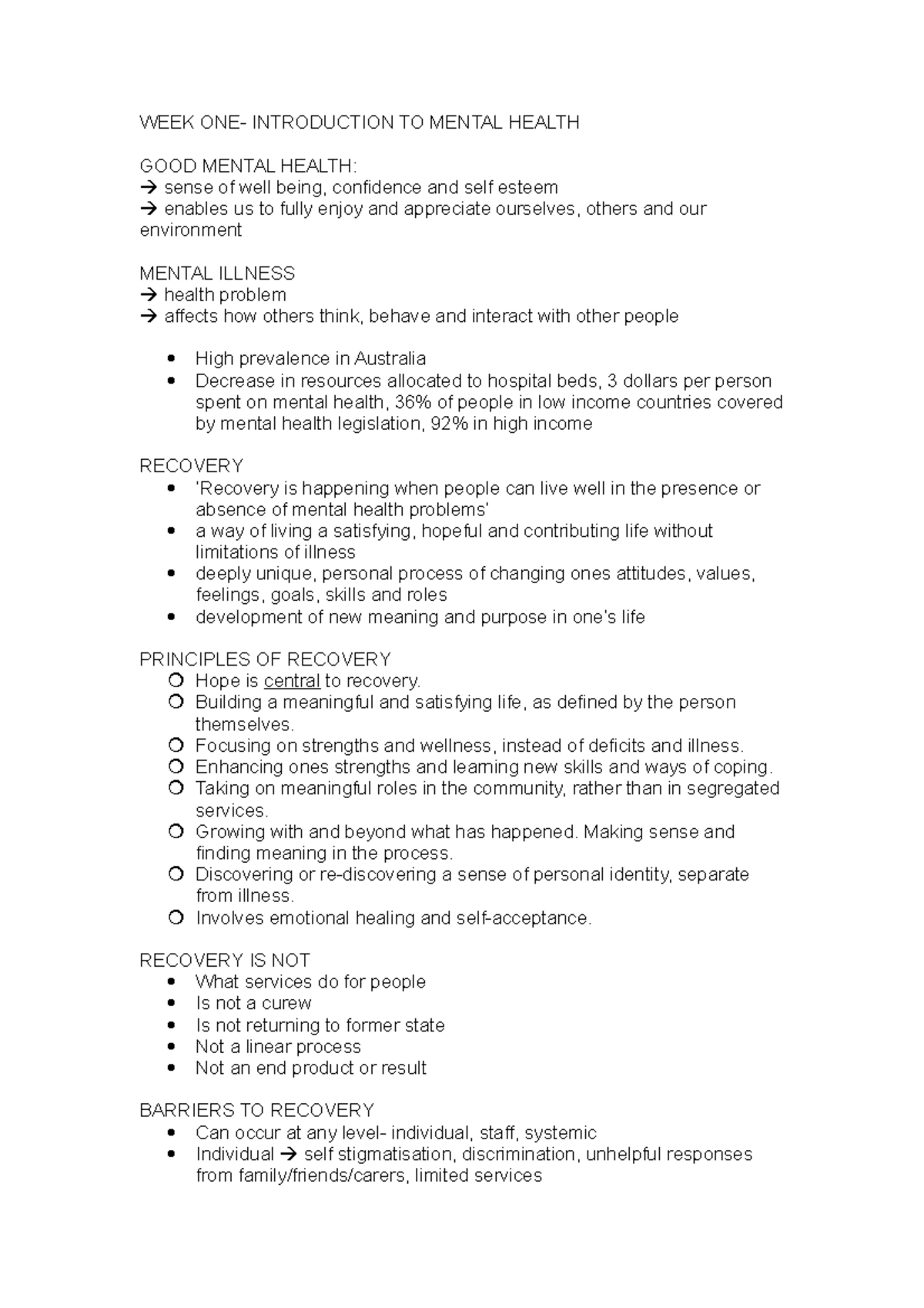 week one lecture notes - WEEK ONE- INTRODUCTION TO MENTAL HEALTH GOOD ...