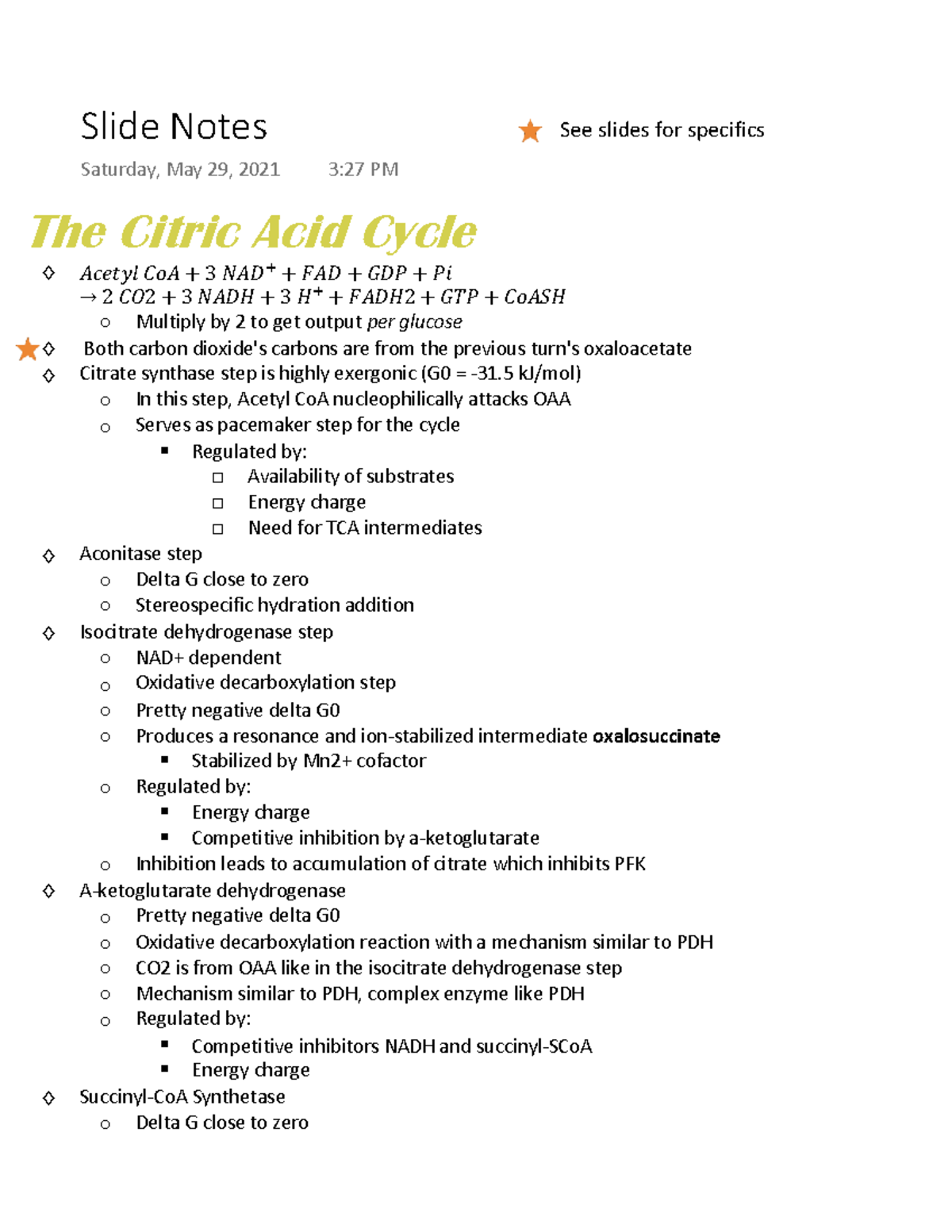 Biochem The Citric Acid Cycle / Krebs Cycle / TCA - Lecture notes Week ...