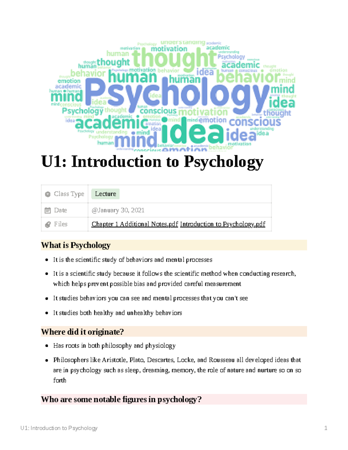 U1 Introduction to Psychology - U1: Introduction to Psychology Class ...