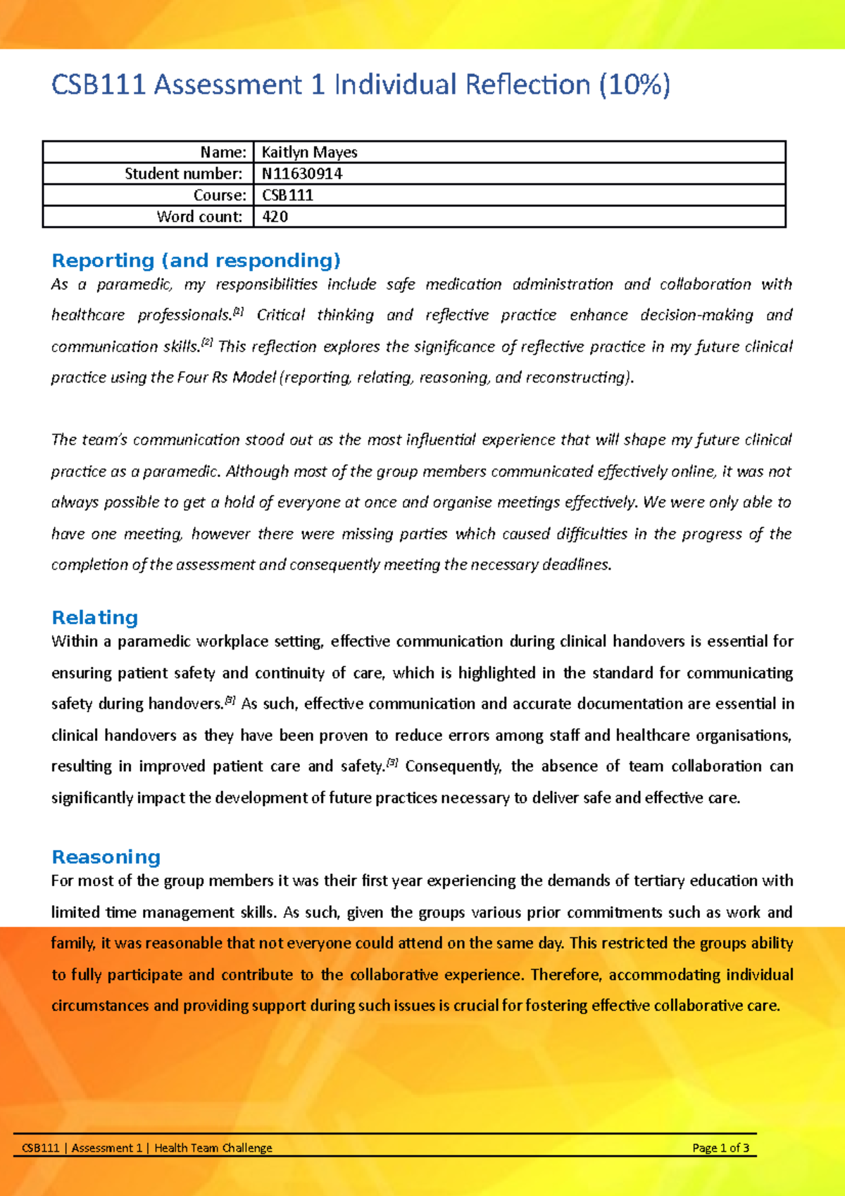 CSB111 Assessment 1 Individual Reflection Template - [1] Critical ...