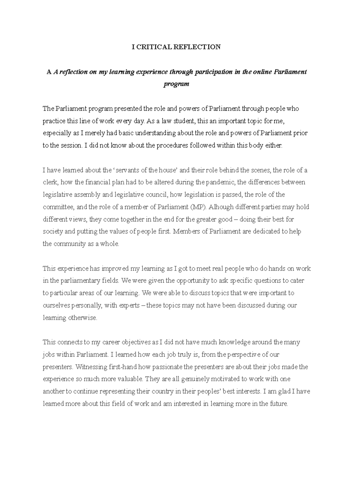 Parliament Program Reflection - I CRITICAL REFLECTION A A reflection on ...