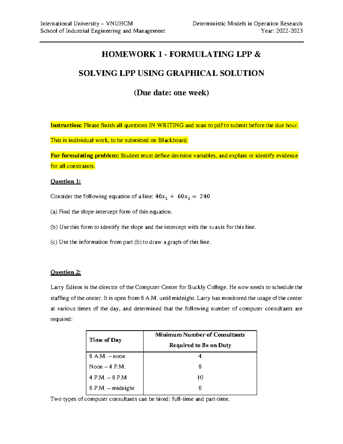 OR1 22-23 HW1 - School of Industrial Engineering and Management Year ...