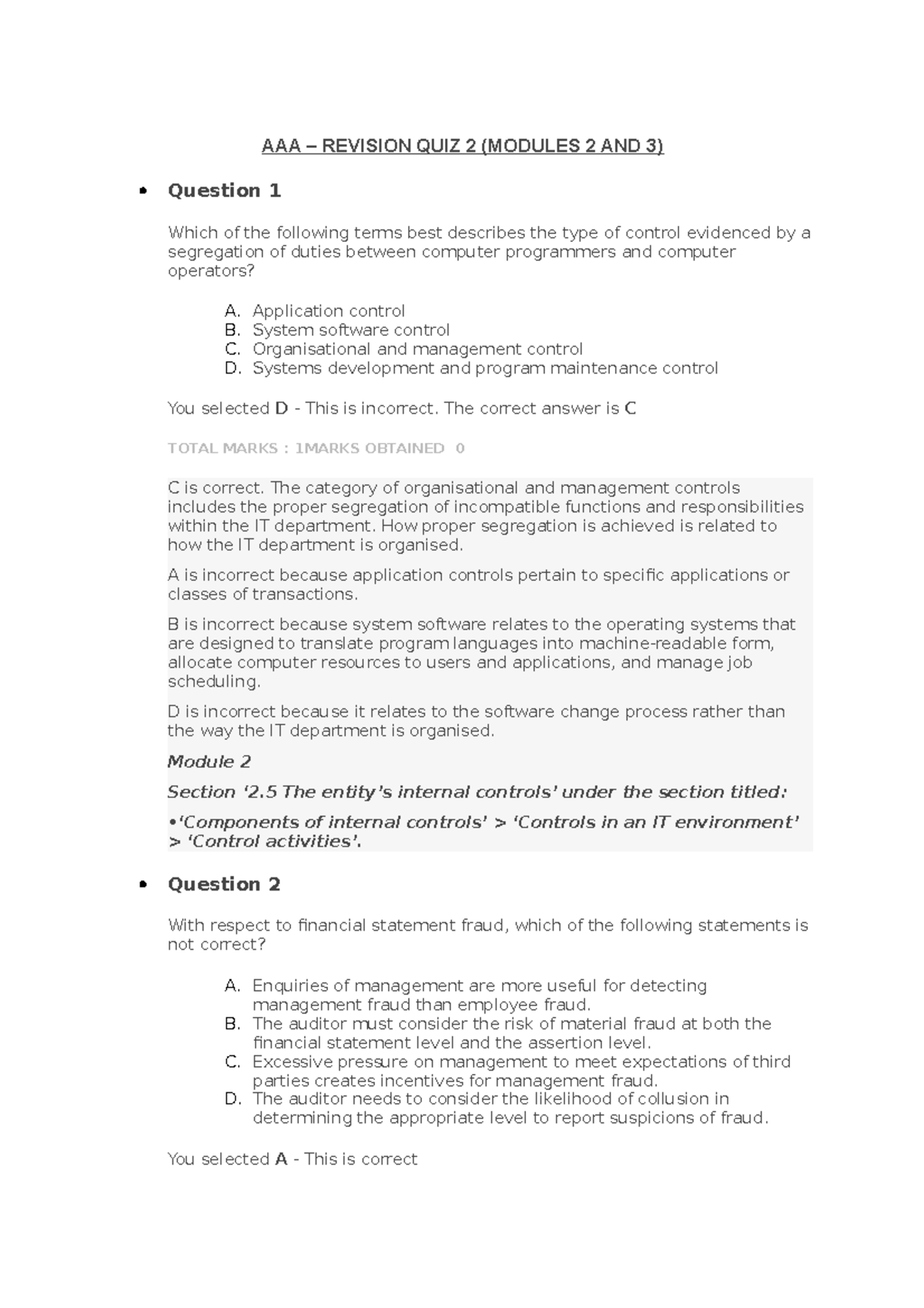 AAA – Revision Quiz 2 (Modules 2 and 3) - AAA – REVISION QUIZ 2 ...