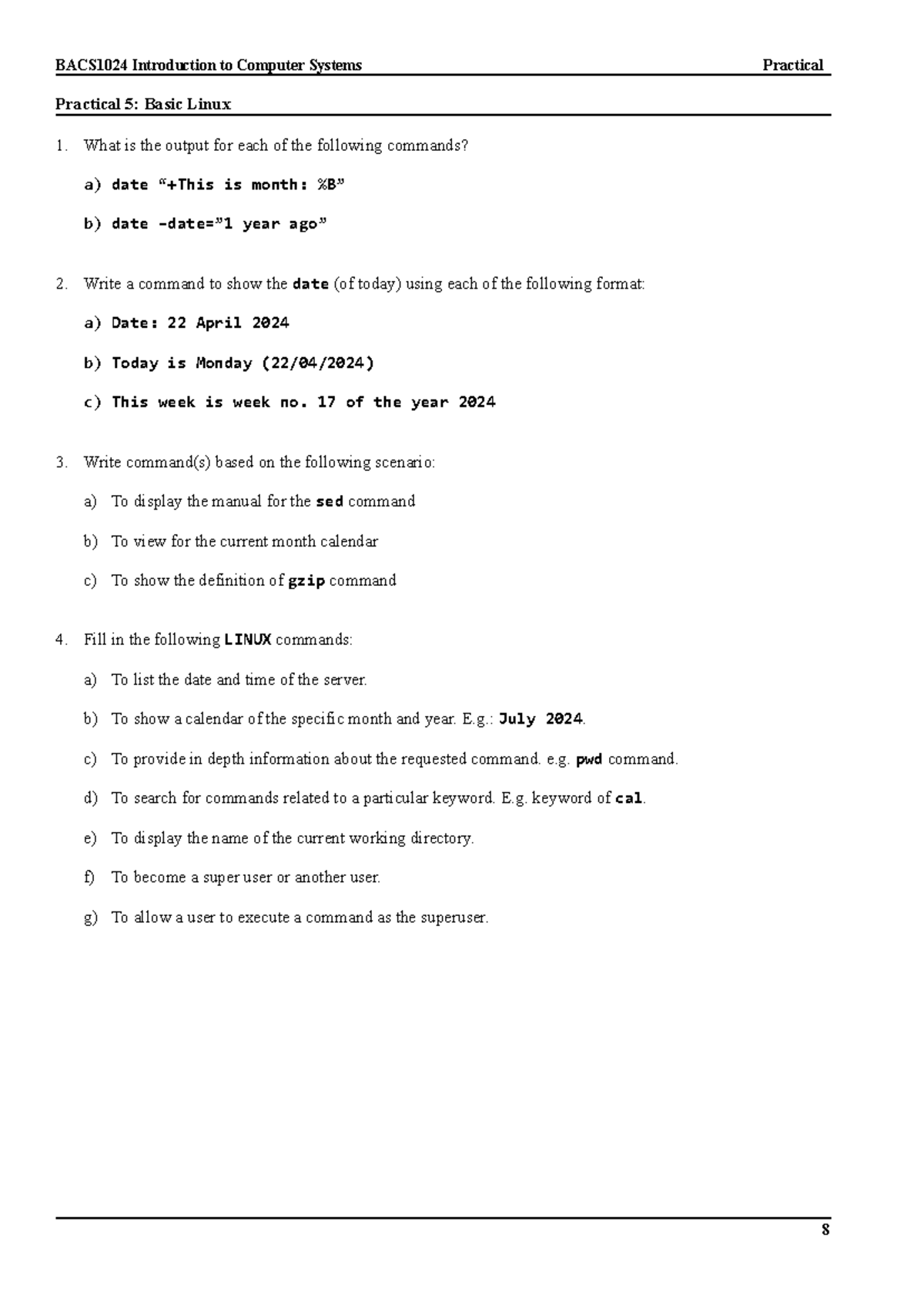 Practical Module 5 - BACS1024 Introduction to Computer Systems Practical Practical 5: Basic ...