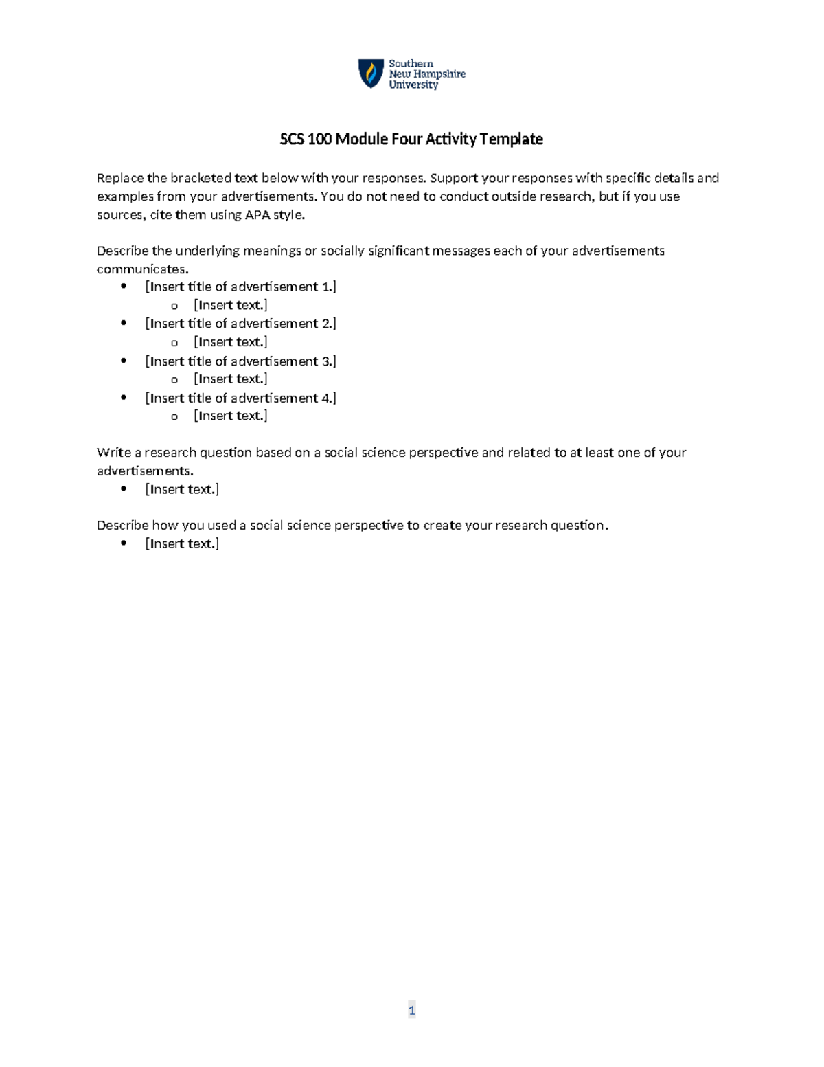 SCS 100 Module Four Activity Template - SCS 100 Module Four Activity Template Replace the ...