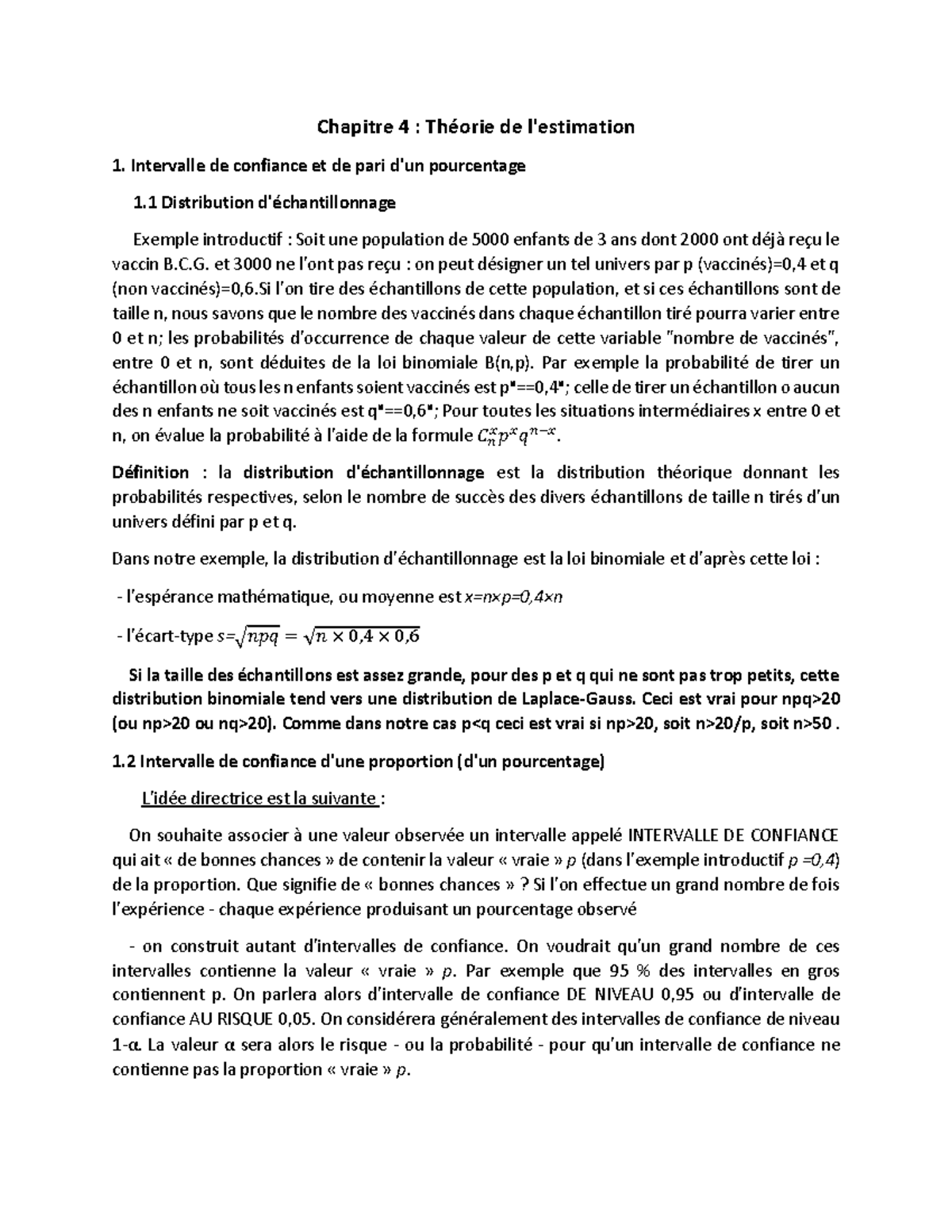 Biostat 1an-theorie estimationkharfouchi - Chapitre 4 : Théorie de l'estimation Intervalle de ...