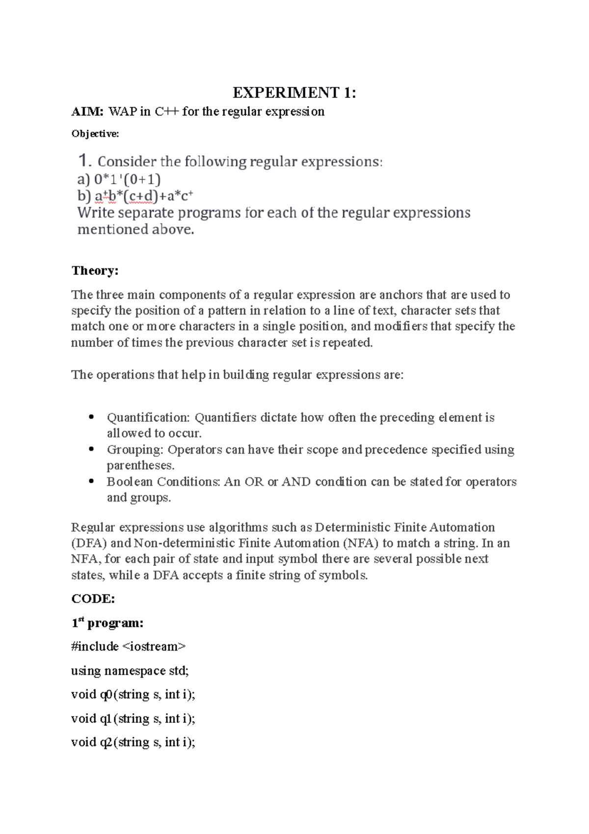 Lab 1 CC - compiler - EXPERIMENT 1: AIM: WAP in C++ for the regular ...