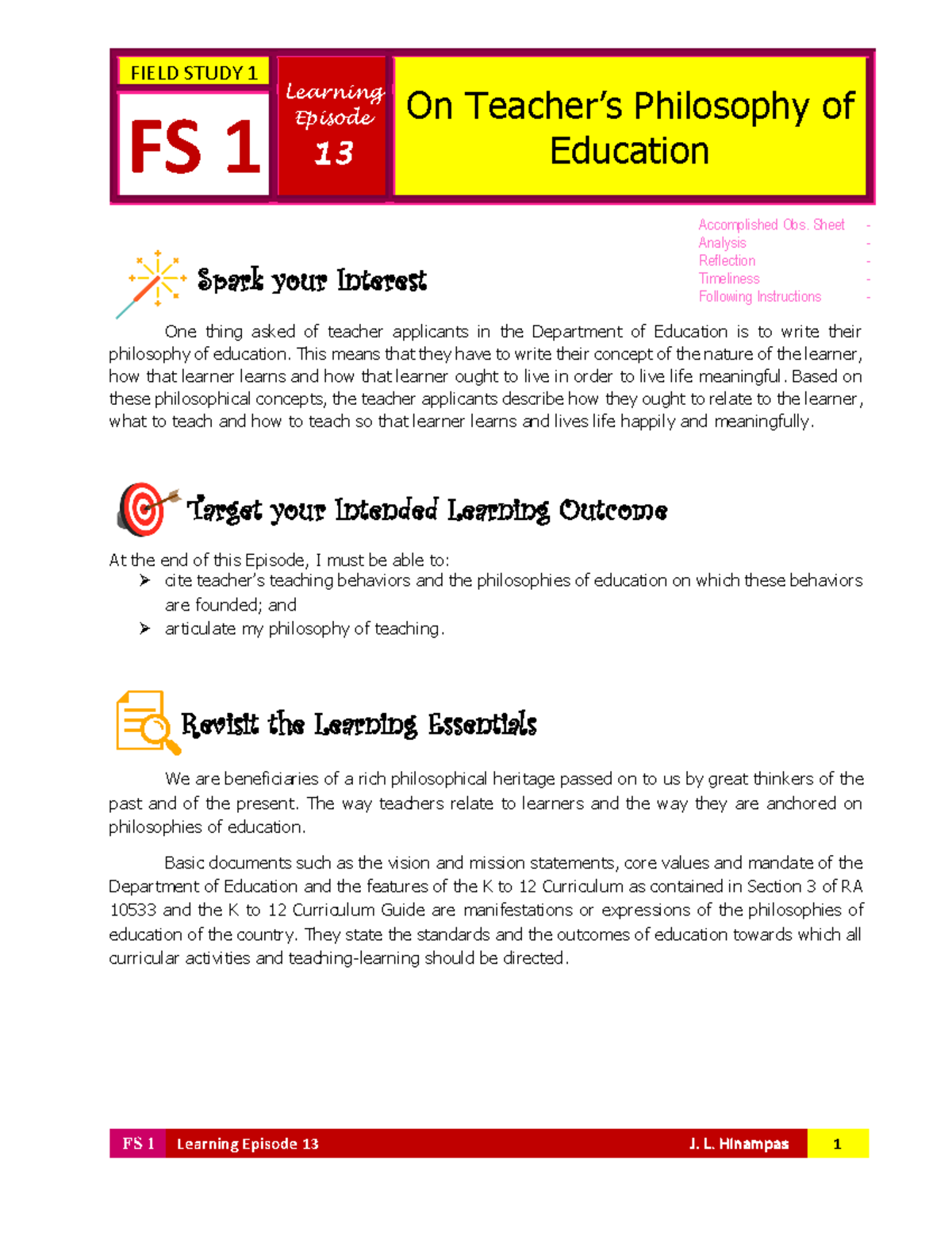FS 1 Learning Episode 13 1st sem - One thing asked of teacher applicants in the Department of ...
