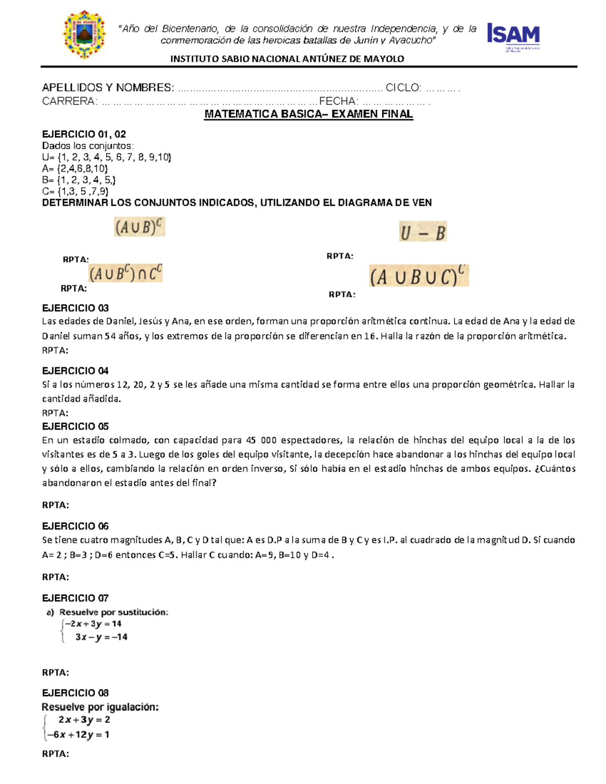 Matematica ISAM Final - PRACTICA - INSTITUTO SABIO NACIONAL ANTÚNEZ DE ...