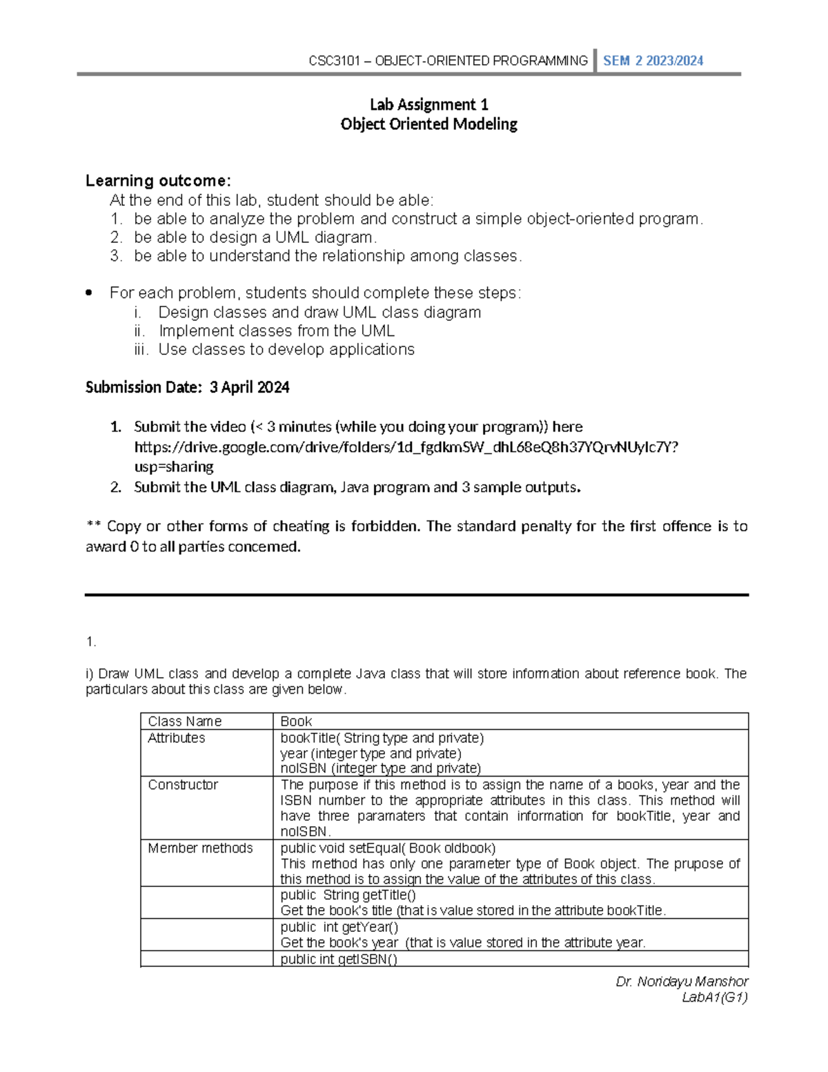 Lab Assignment 1modified Lab Assignment 1 Object Oriented Modeling Learning Outcome At The 5341