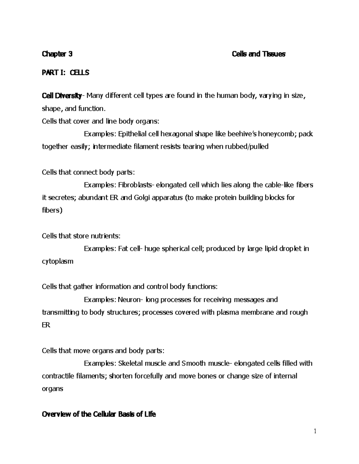 Lecture Notes BI121 Chapter 3 - Chapter 3 Cells and Tissues PART I ...
