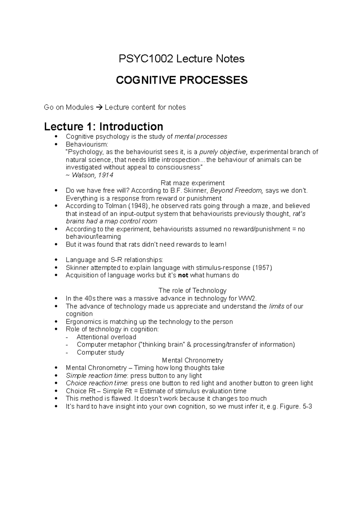 PSYC1002 Cognitive Processes notes - PSYC1002 Lecture Notes COGNITIVE ...