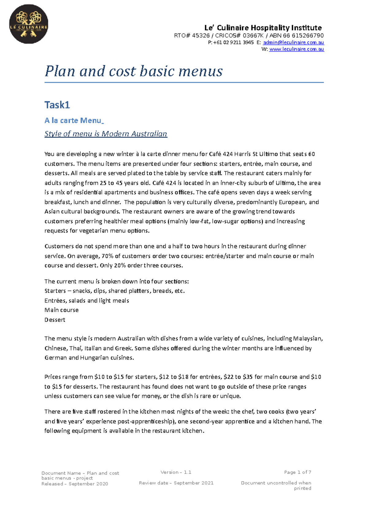 Plan and cost basic menus SITHK002 - RTO# 45326 / CRICOS# 03667K / ABN ...