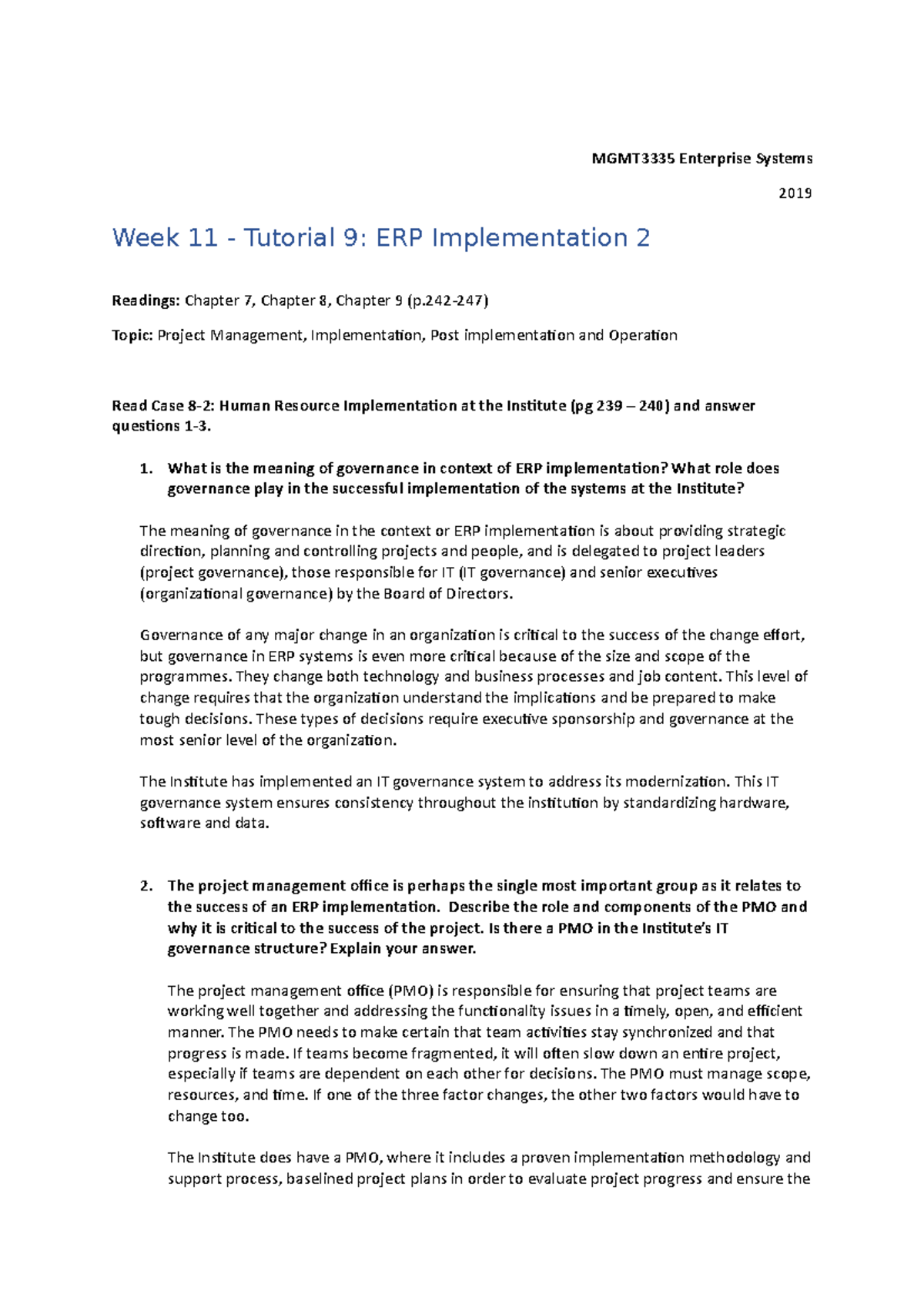 2019 Week 11 Tutorial 9 Questions - Enterprise Systems 2019 Week 11 ...