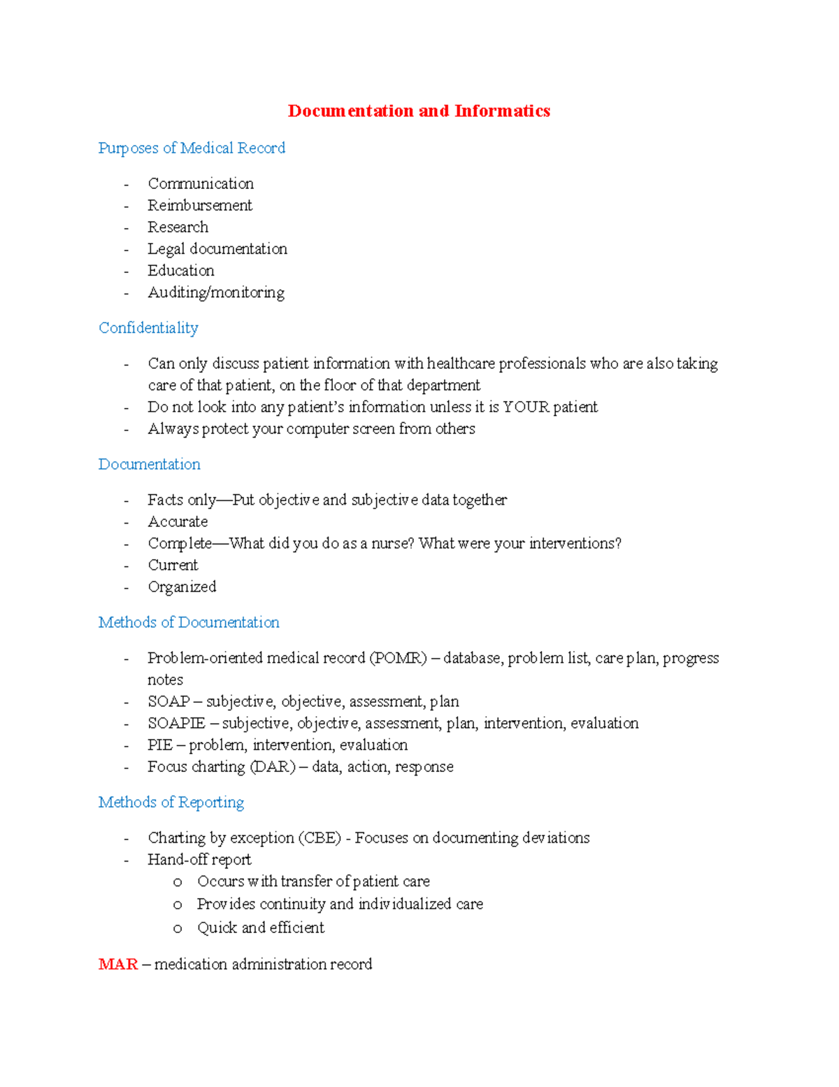 Documentation and Informatics - Documentation and Informatics Purposes of Medical Record - Studocu