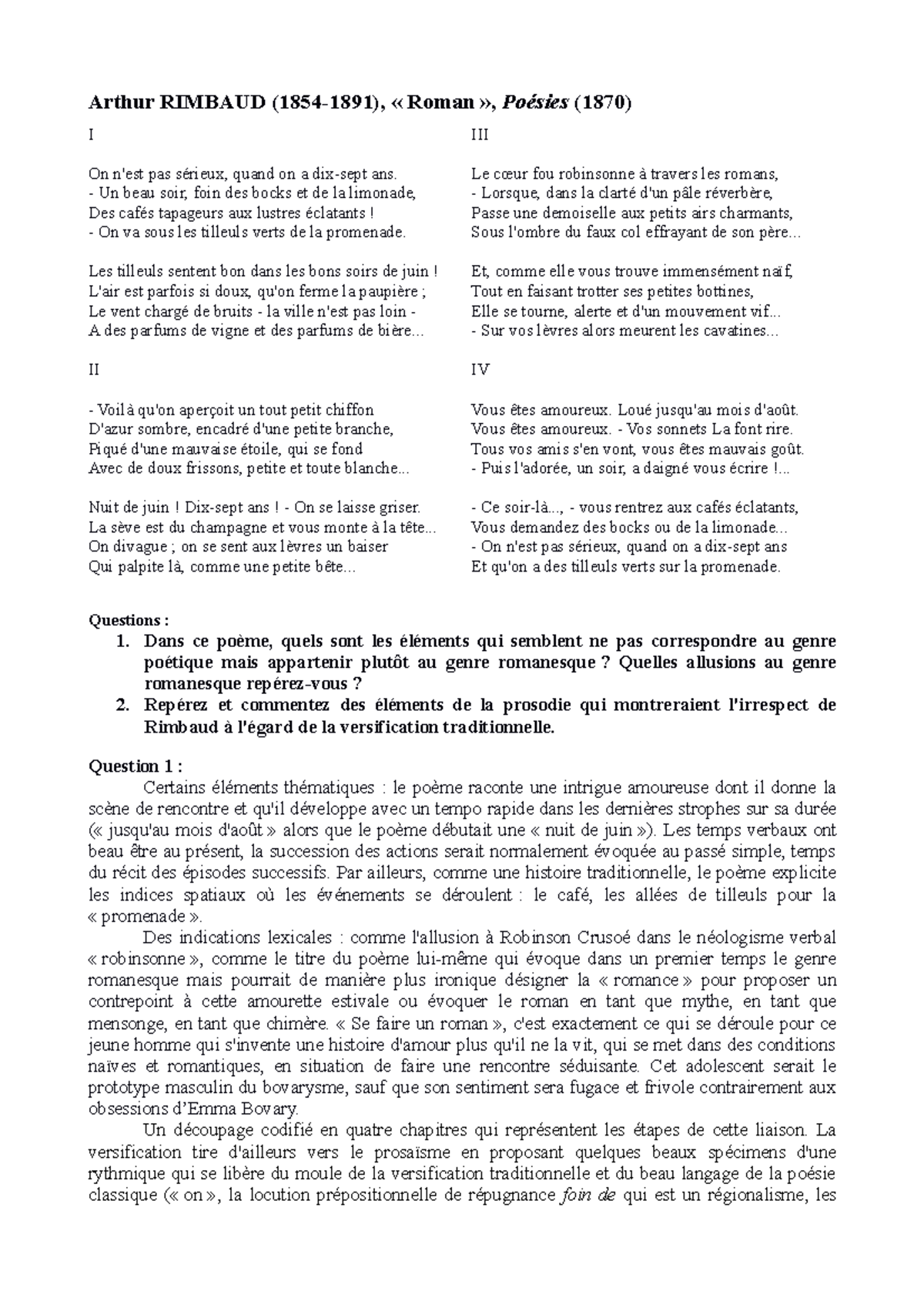 Correction Rimbaud Roman - Arthur RIMBAUD (1854-1891), « Roman ...