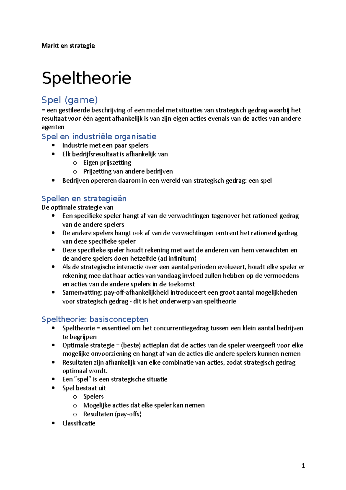 Markt en strategie samenvatting - Markt en strategie Speltheorie Spel ...