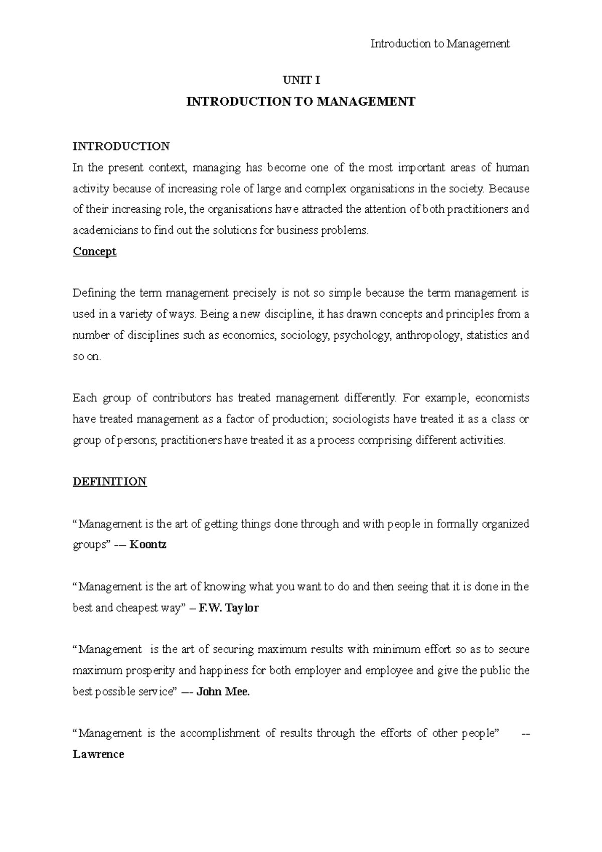 Ms 1 - ggg gg - UNIT I INTRODUCTION TO MANAGEMENT INTRODUCTION In the ...